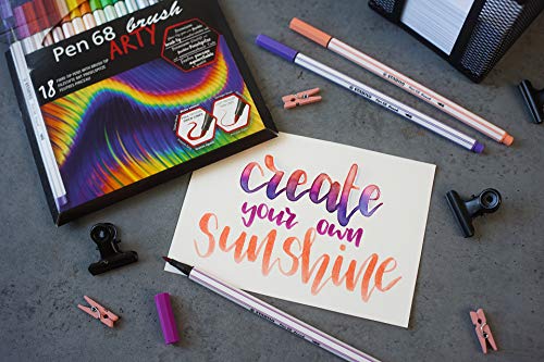 STABILO Premium Fibre-Tip Pen - Pen 68 brush ARTY - Wallet of 18 - Assorted Colours