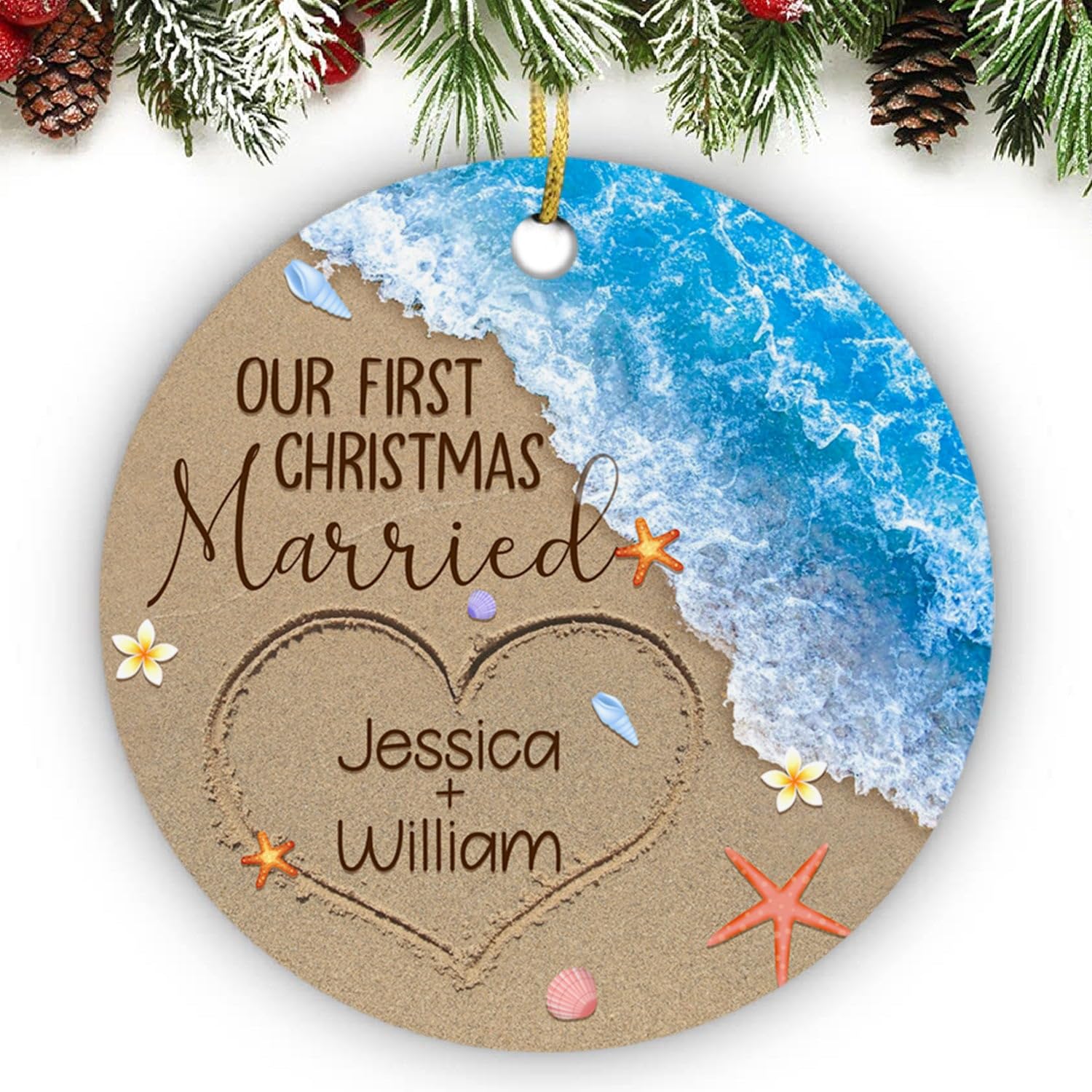 Personalized Our First Christmas Married Beach Ornament Sea 2024, Custom Just Married Christmas Ornament, Beach Wedding Gifts for Couples, Newlywed Christmas Decoration for Home, Bridal Shower