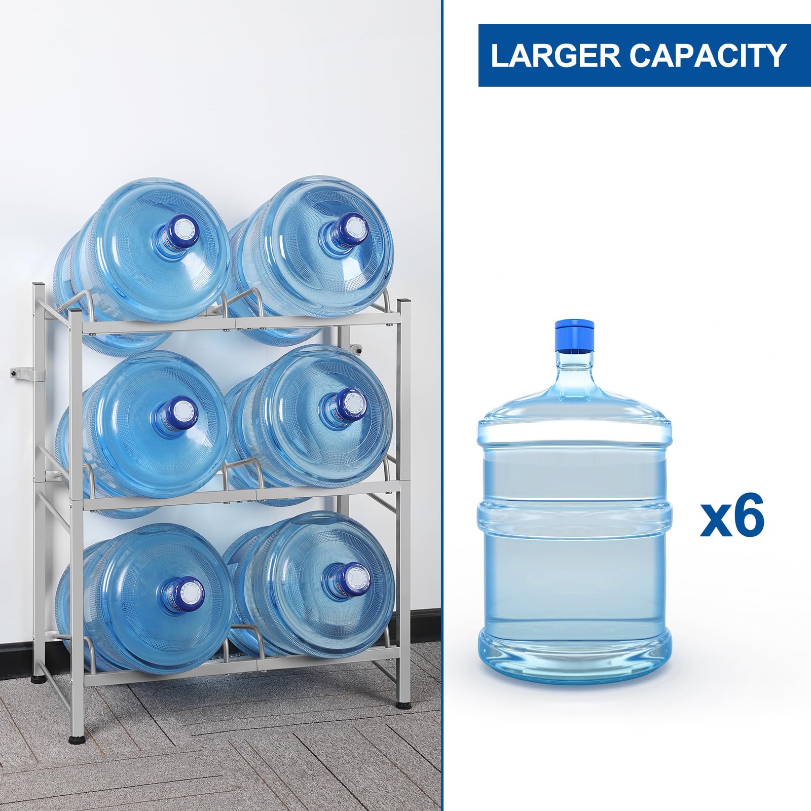smusei 5 Gallon Water Bottle Holder 3 Tier Water Jug Holder Heavy Duty Double-Row Water Jug Stand for 6 Bottles Water Bottle Storage Rack for Small Space, Room Corner (Silver)