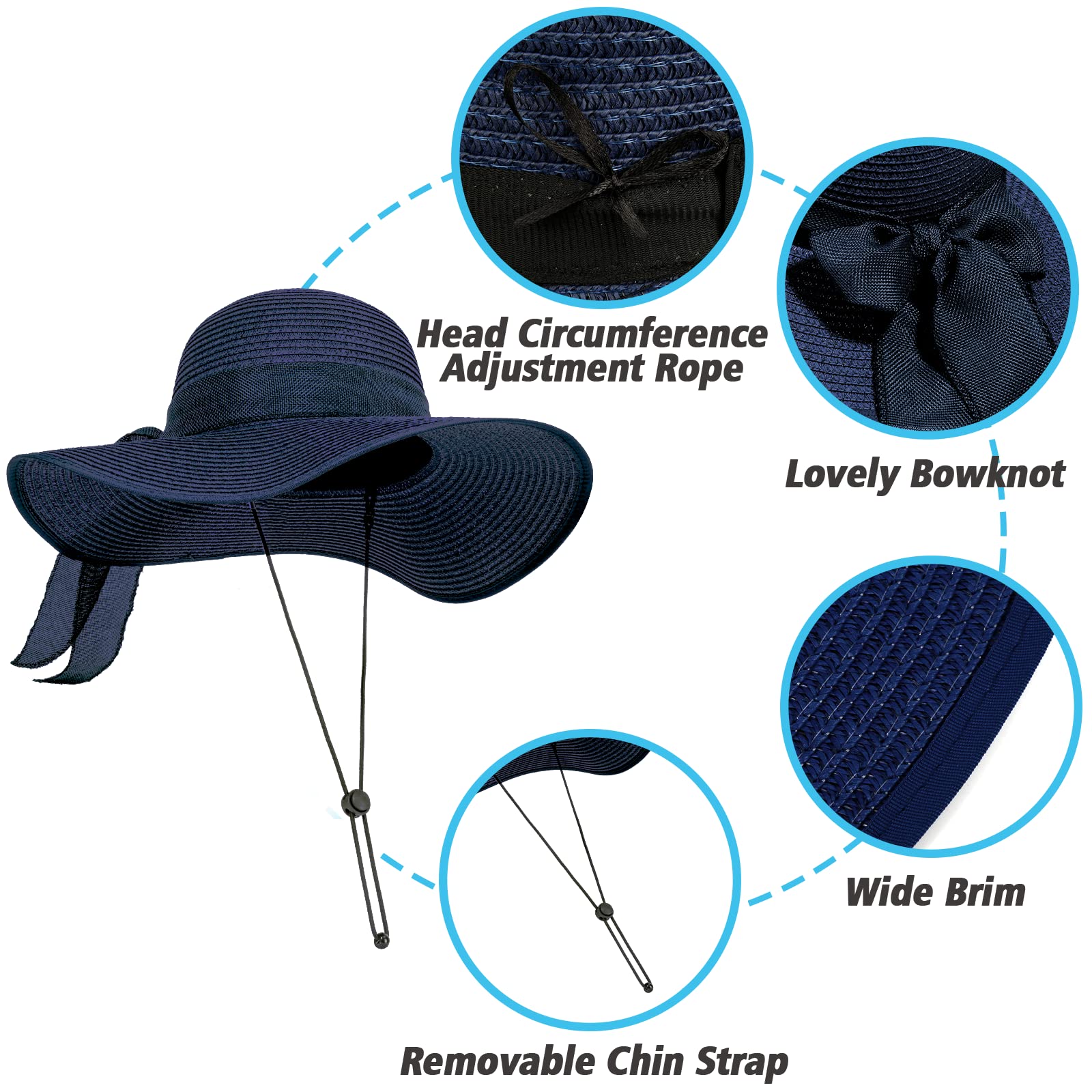 Women Straw Beach Sun Hat: Large Summer Floppy Sunhat with Wide Brim for Ladies - Foldable & Packable UV Protection UPF 50 Hat (Navy)