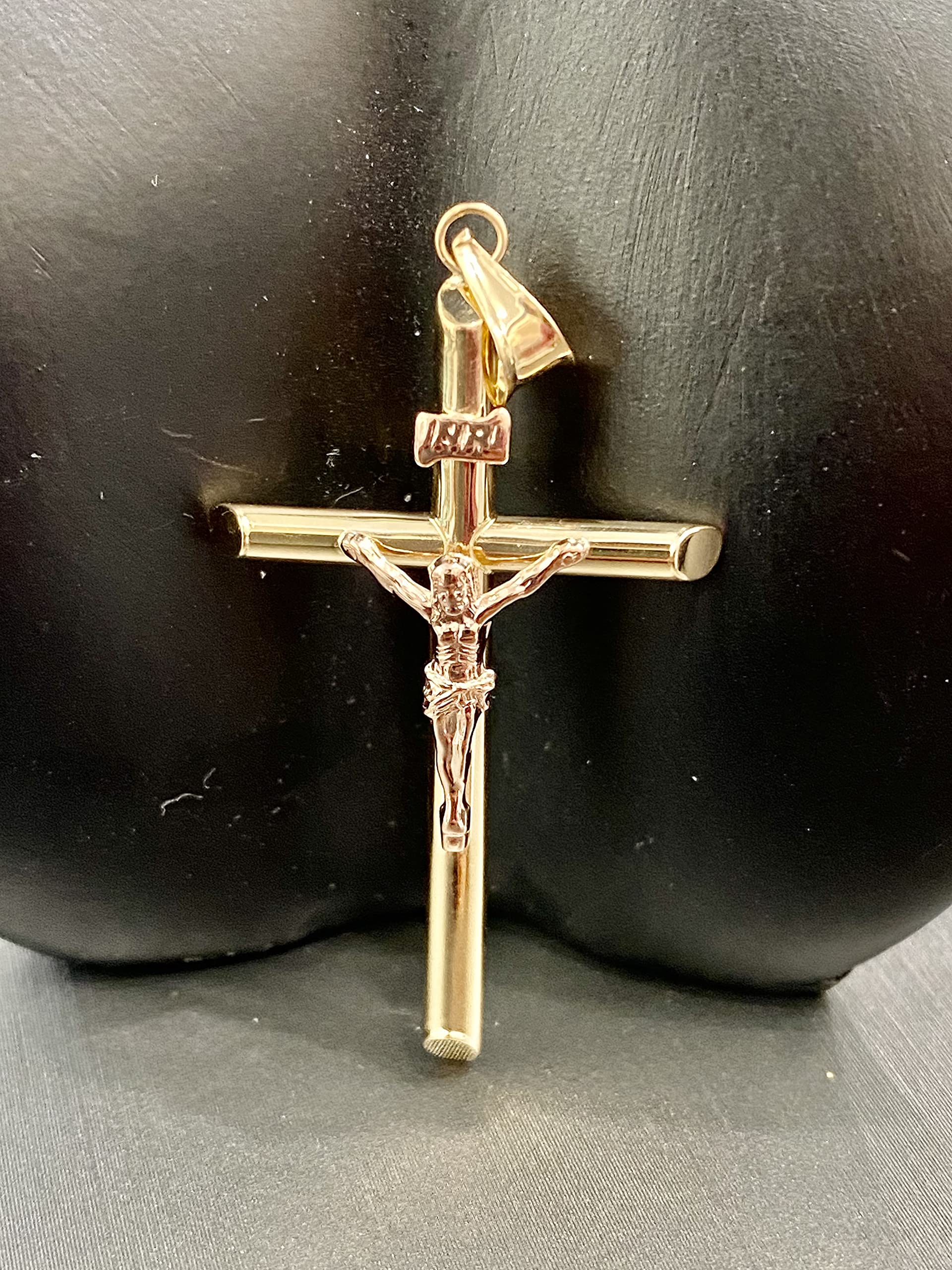 Solid 14K Yellow Rose Gold Crucifix Pendant - 38mm x 24mm Two Tone Jesus Cross Charm Religious Pendant - Suitable for Men & Women - Great Gift for Christmas & All Occasion