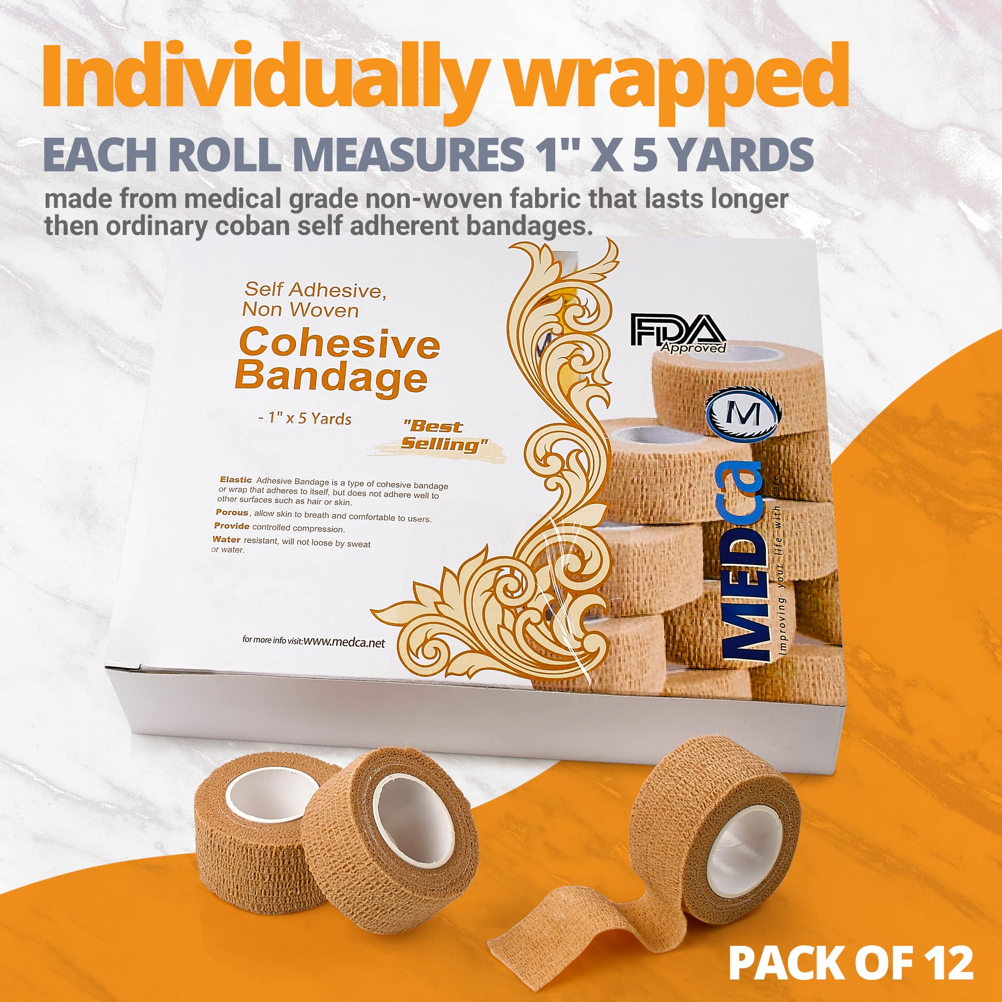 Self Adhesive Bandages - 1" x 5 Yards Per Roll - Pack of 12 Rolls, Elastic Self Adherent Cohesive Wrap First Aid Tape for Sprain Swelling and Soreness on Wrist and Ankle