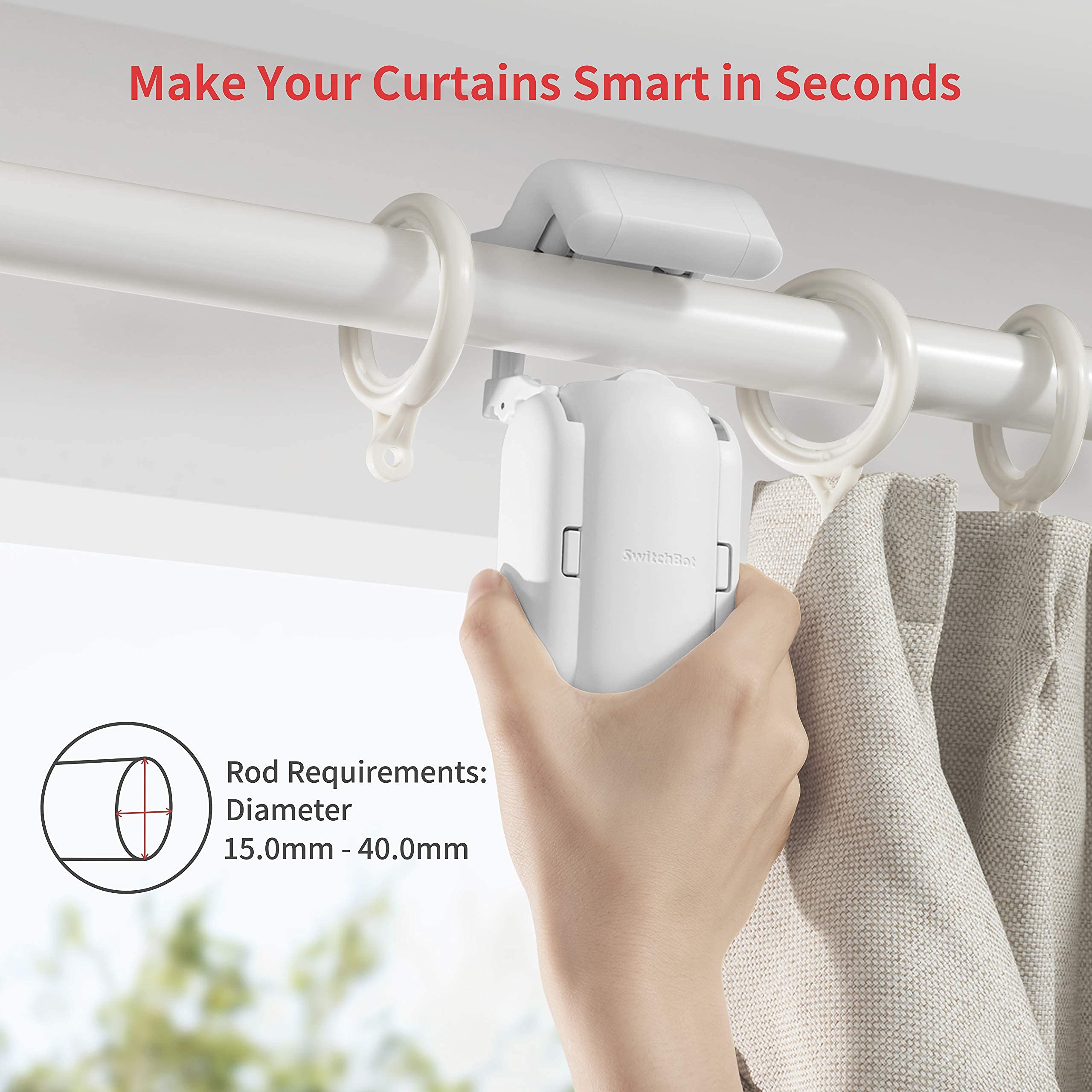 SwitchBot Curtain Smart Electric Motor - Wireless App or Automate Timer Control, Add SwitchBot Hub Mini to Make it Compatible with Alexa, Google Home, HomePod, IFTTT (Rod, White)