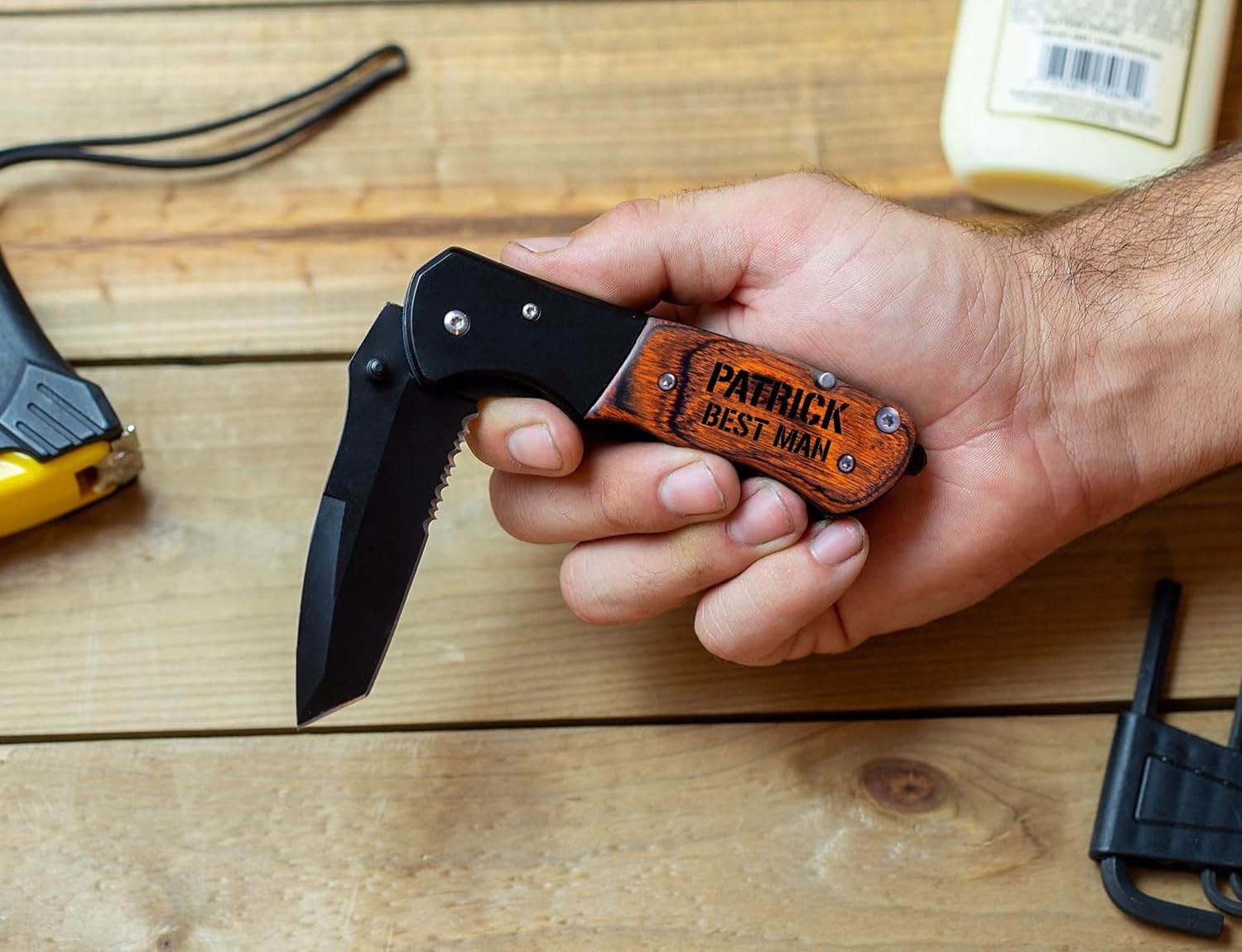 Personalized Pocket Knife For Men, Automatic Spring Assisted Tactical Switchblade Folding Knives With Belt Clip, Sharp Blades, Rosewood Custom Laser Engraved Gifts for Him, 1 Pc, EngraveMyMemories
