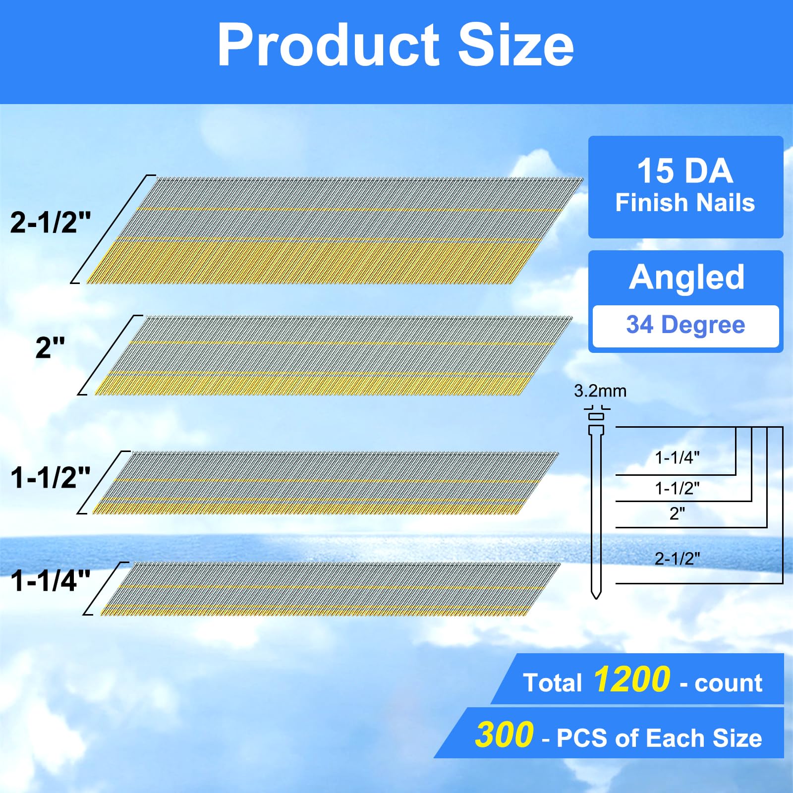 SimCos 15 Gauge 34-Degree DA Series Angled Finish Nails, (1-1/4", 1-1/2", 2", 2-1/2"), Galvanized Assorted Size Project Pack for Pneumatic, Electric Angled Finish Nailer or Nail Gun (Assembly 1200)