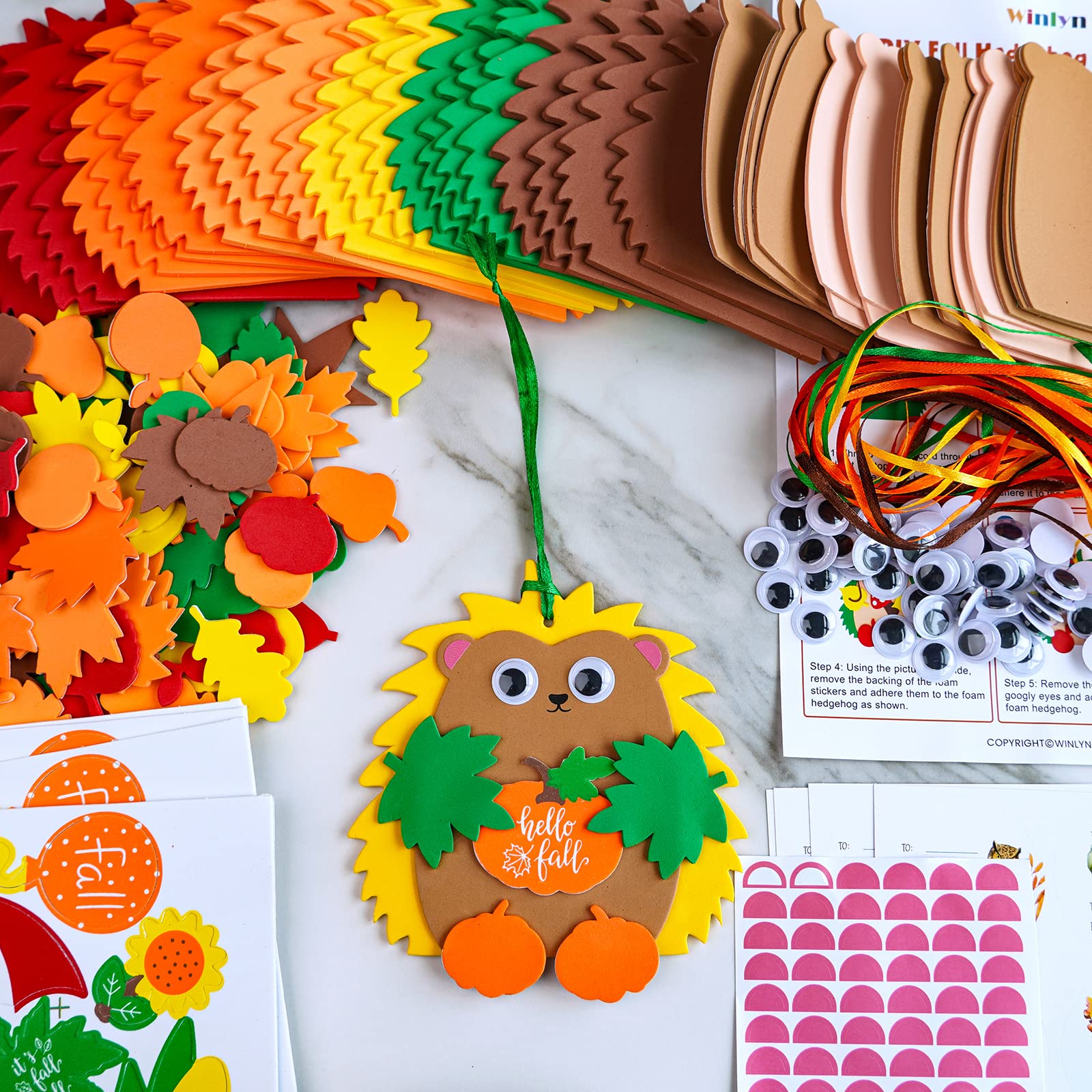 Winlyn 24 Sets Fall Crafts Kits DIY Fall Hedgehog Ornaments Decorations Art Sets Autumn Leaf Pumpkin Foam Stickers Arts and Crafts Googly Eyes for Kids Thanksgiving Halloween Home Classroom Activities