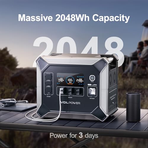 VDL 2400W Portable Power Station - 2048Wh LiFePO4 Battery Solar Generators for Home Backup, 2H Fast Charging, 6x AC Outlets(4800 Peak) Power Station for Outdoor Camping and RVs(Solar Panel Optional)