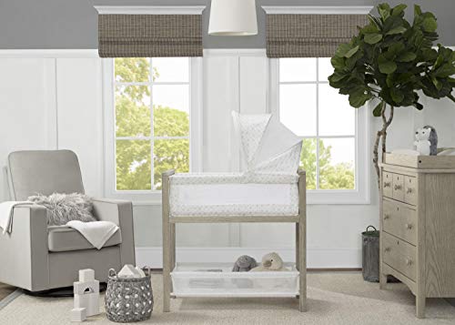 Simmons Kids Farmhouse 2-in-1 Wood Bedside Bassinet Sleeper and Changer - Portable Crib and Changing Table with High-End Wood Frame, Royal Charms