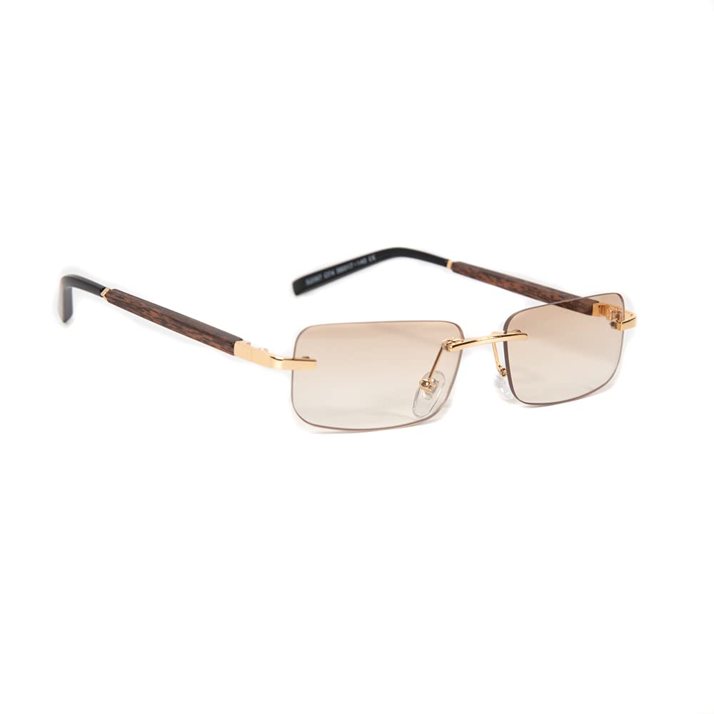 Street Knitted Gold Frame Brown Tint Square Rimless Hip Hop Men's Woodgrain Sunglasses