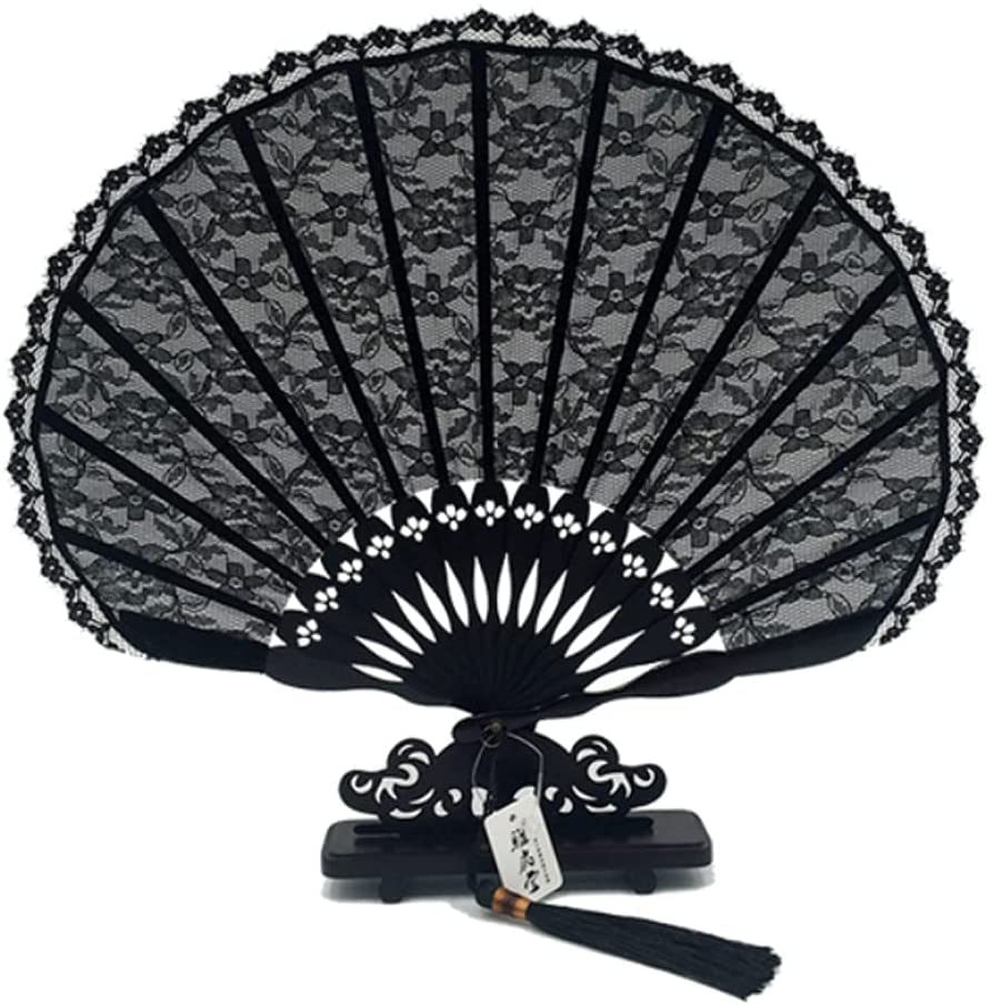 WLABS Folding Fans Black Embroidery Shell-Shaped Lace Cheongsam Folding Fan Dance Ancient Style Small Round Fan Handheld Folding Fan (Color : B, Size : 22cm)