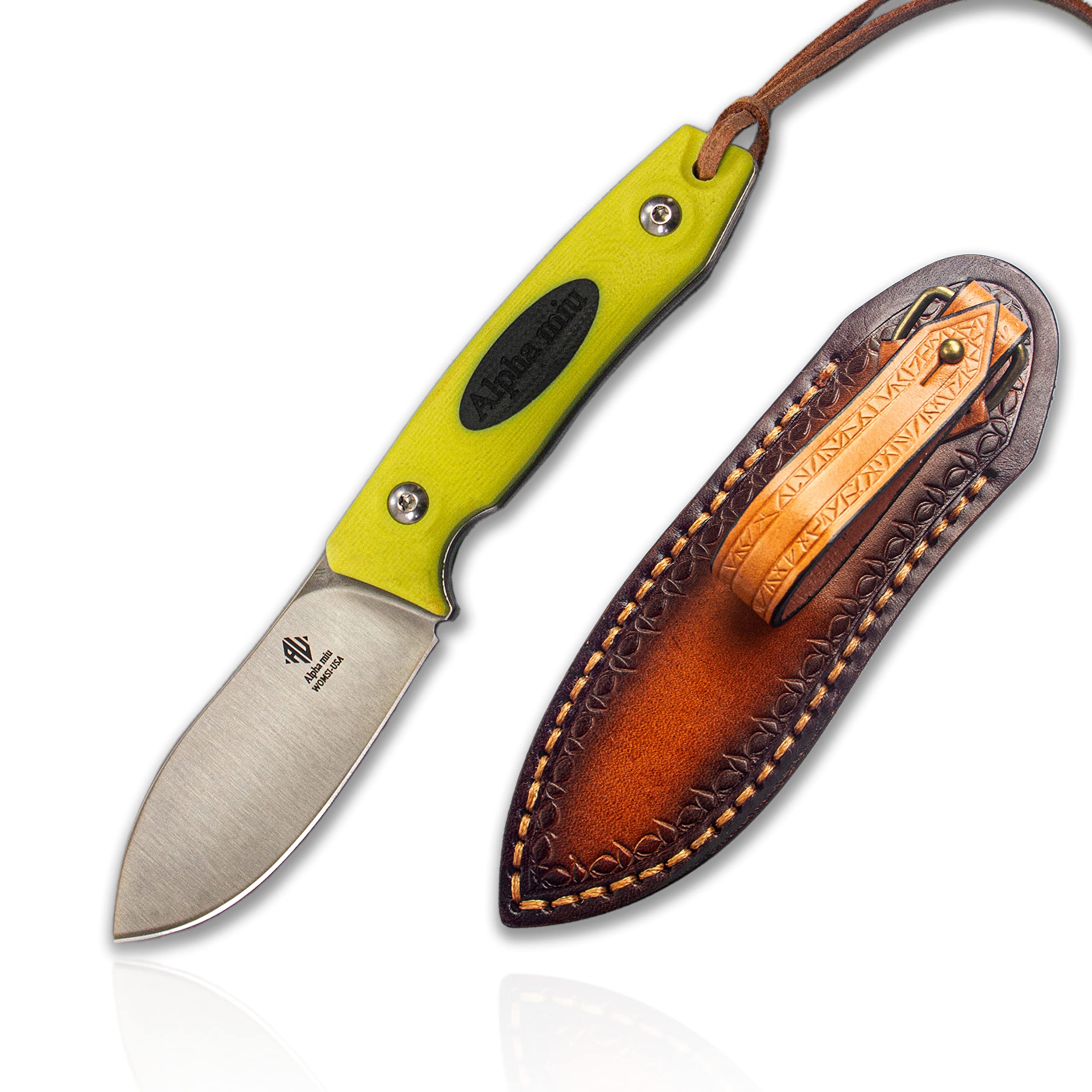 WOMSI Hunting Knife,Full Tang 6.57",DPS15-S Power Steel Blade,Sonorous&durable G10 Handle with Leather Sheath(Yellow)