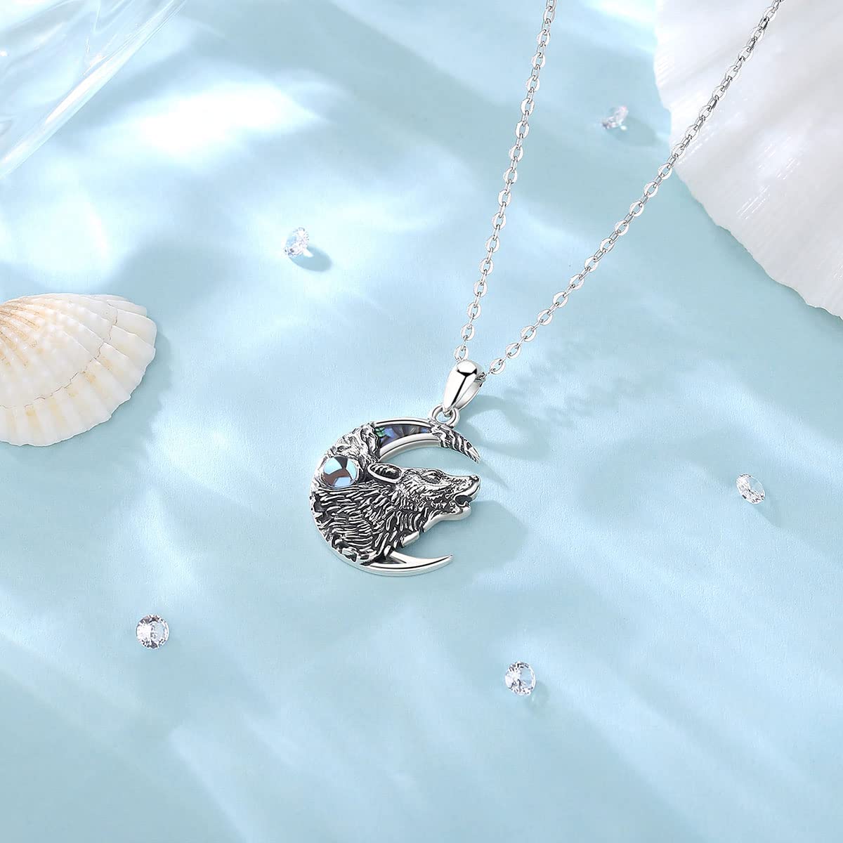 Vito Sterling Silver Wolf Moon Necklace for Women Men, Viking Wolf Moonstone Crescent Pendant Abalone Oxidized Jewelry Gifts, 18 Inch Chain