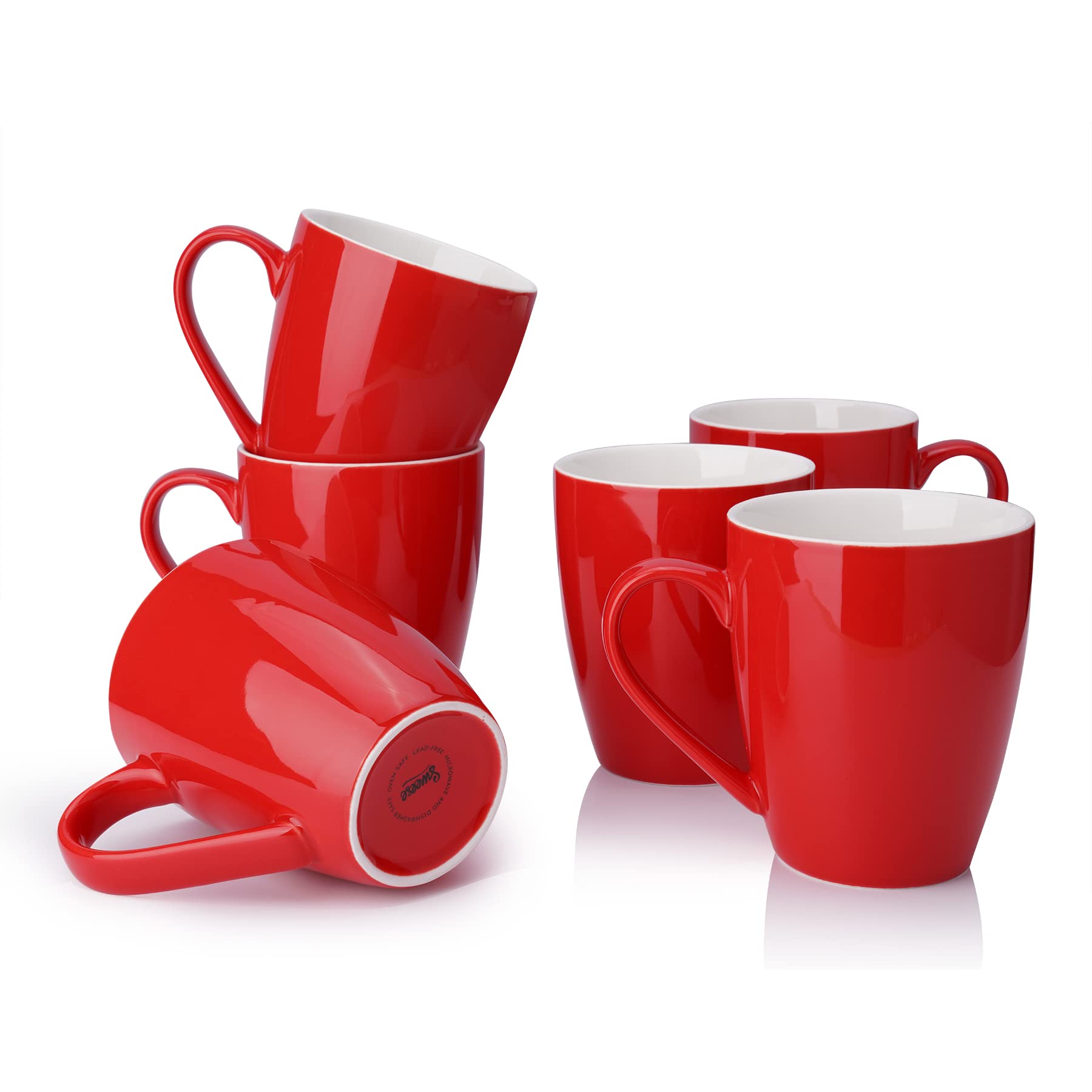 Sweese 601.604 Porcelain Mugs - 16 Ounce for Coffee, Tea, Cocoa, Set of 6, Multicolor, Red