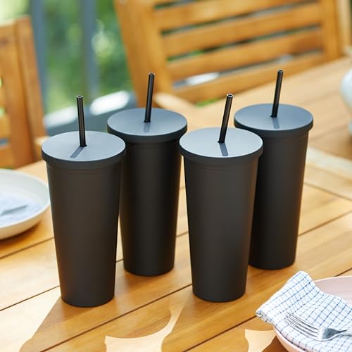 Zephyr Canyon 24oz Matte Black Tumblers with Lids and Straws - Pastel Double Wall Tumbler - Insulated Acrylic Cups for Hot & Cold Drinks, Spill-Proof Reusable Iced Coffee Cup, Set of 4