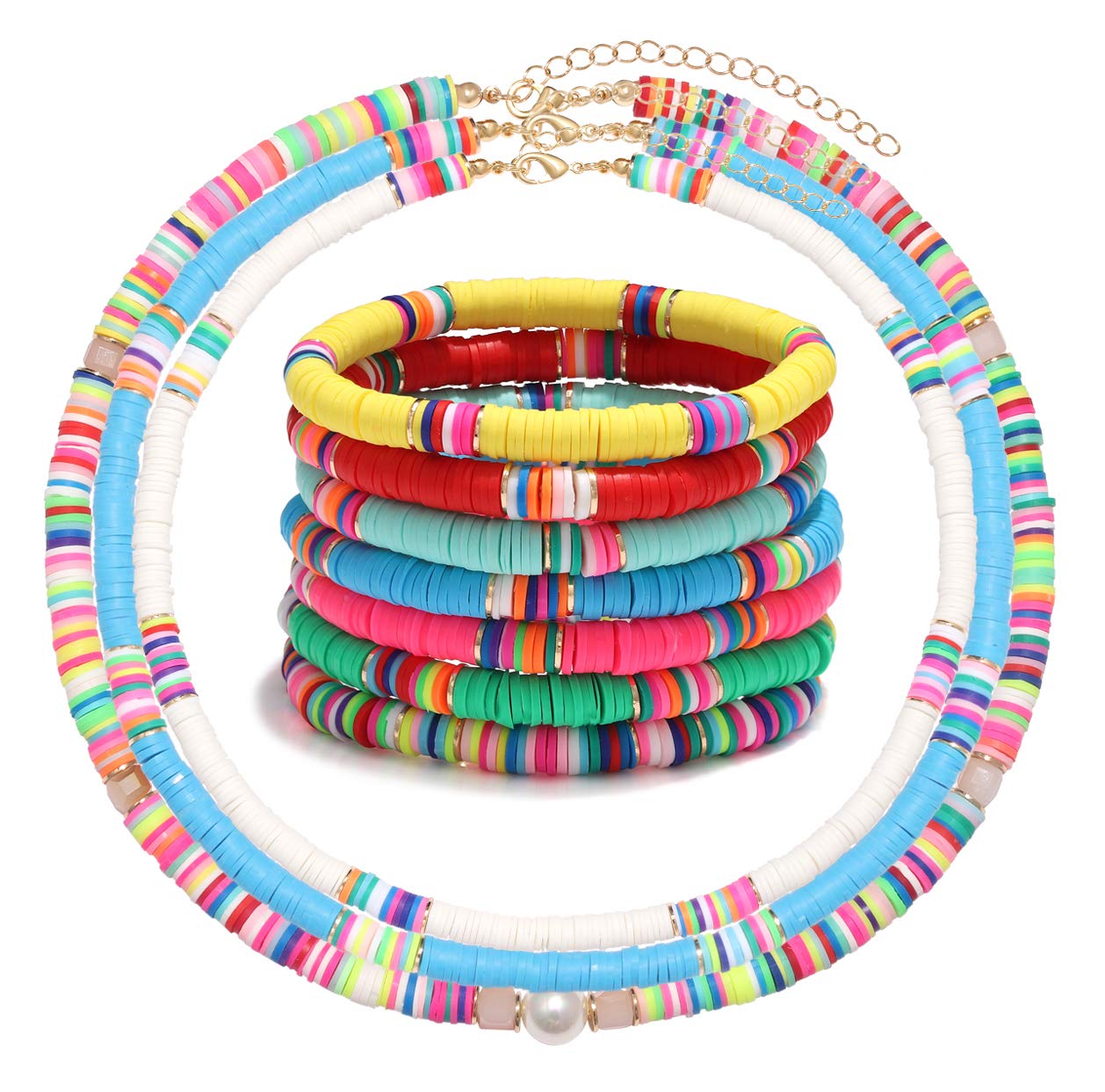 Surfer Necklace Bracelet for Women - Heishi Beaded Necklaces Colorful Stretch Bracelet Stack Jewelry Set for men 10 pcs