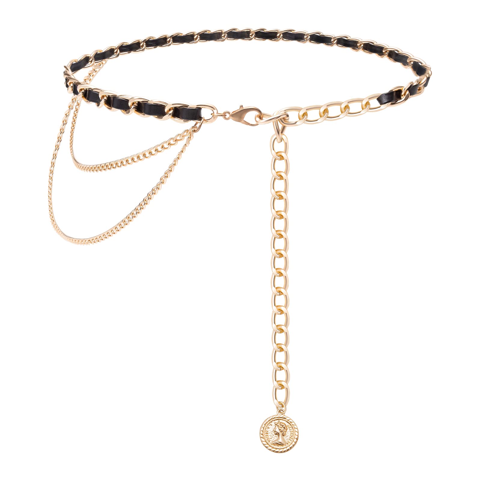 Women's Chain Belts Leather Multilayer Metal waist chains Adjustable Link Belts Body Chain Plus Size for Ladies Dress Jeans, 01black, 105cm
