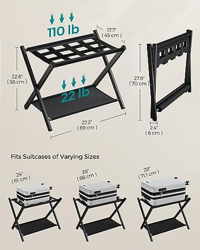 SONGMICS Luggage Racks for Guest Room, Set of 2, Suitcase Stand with Fabric Storage Shelf, Foldable for Space-Saving Storage, Steel Frame, Hotel, Bedroom, Black URLR004B02