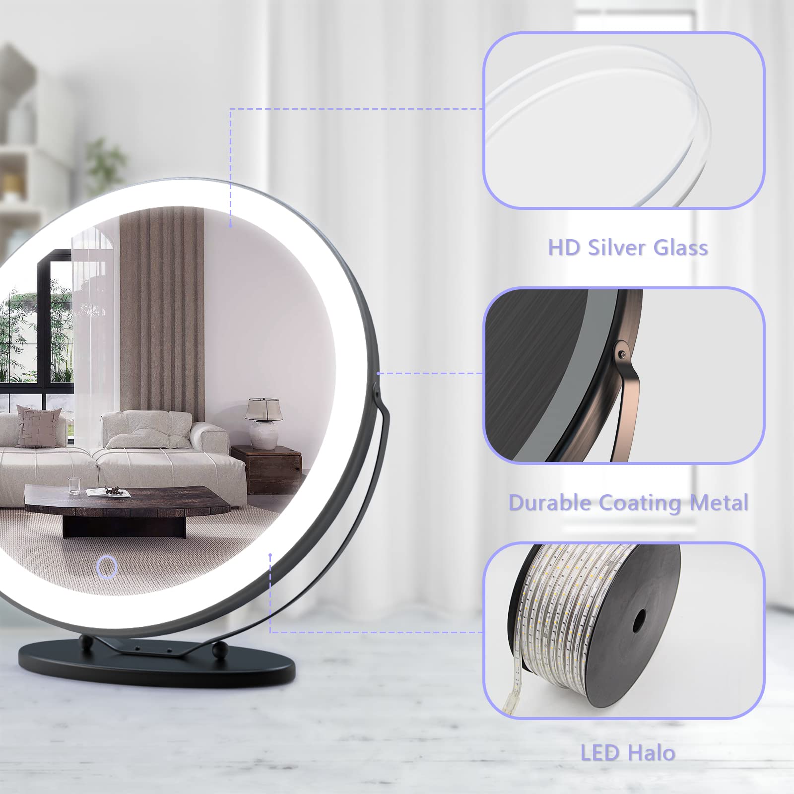 Vierose 20 inch Large Vanity Makeup Mirror with Lights, 3 Color Lighting Modes | Round Lighted Up Makeup Mirror with Dimming LED Halo for Dressing Room & Bedroom Tabletop, Touch Control (Black)