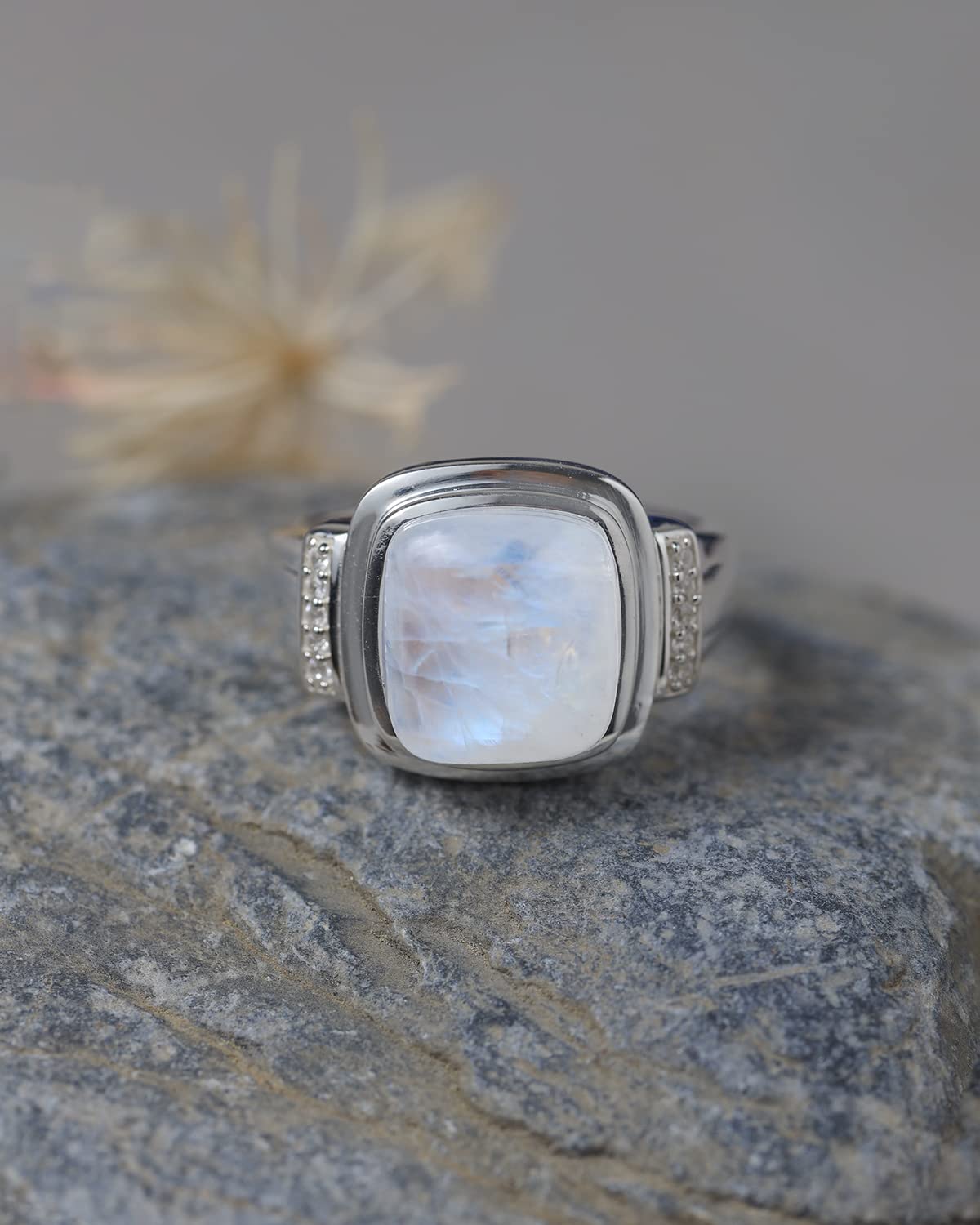 YoTreasure 2.63 Ct. Moonstone White Zircon Solid 925 Sterling Silver Gemstone Ring Jewelry