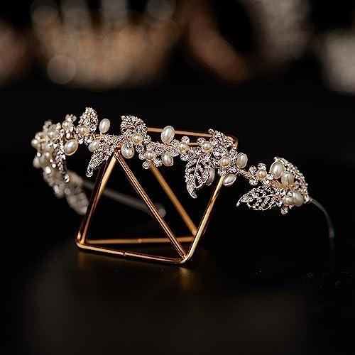 SWEETV Pearl Bridal Headband Silver Tiara for Bride Headpiece Crystal Leaf Wedding Hair Accessories Jewelry Tiaras for Women