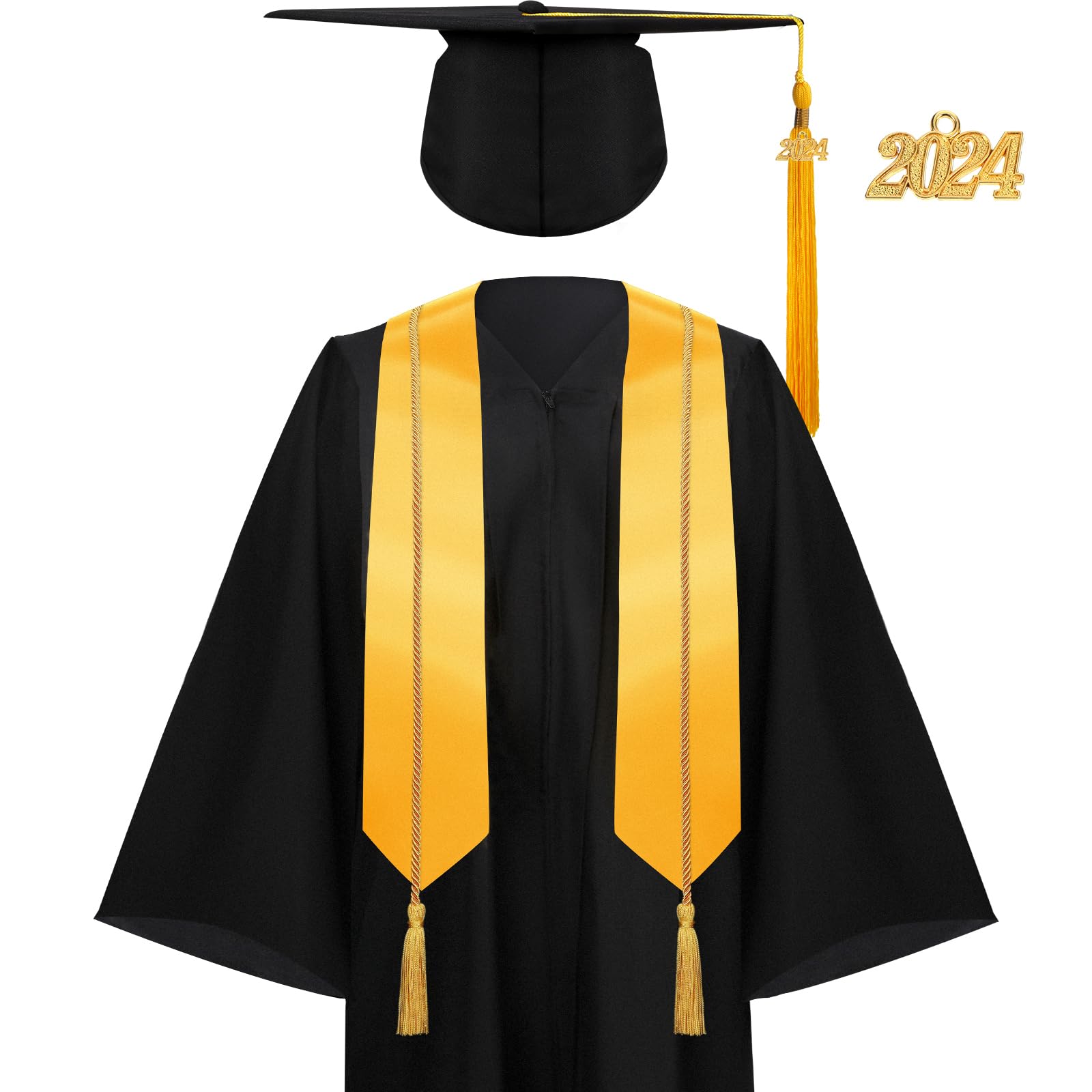 Syhood 4 Pieces 2024 Unisex Graduation Matte Gown Cap Tassel Stole Set Honor Cord 2024 Charm for Graduation(Black, Golden, 51)