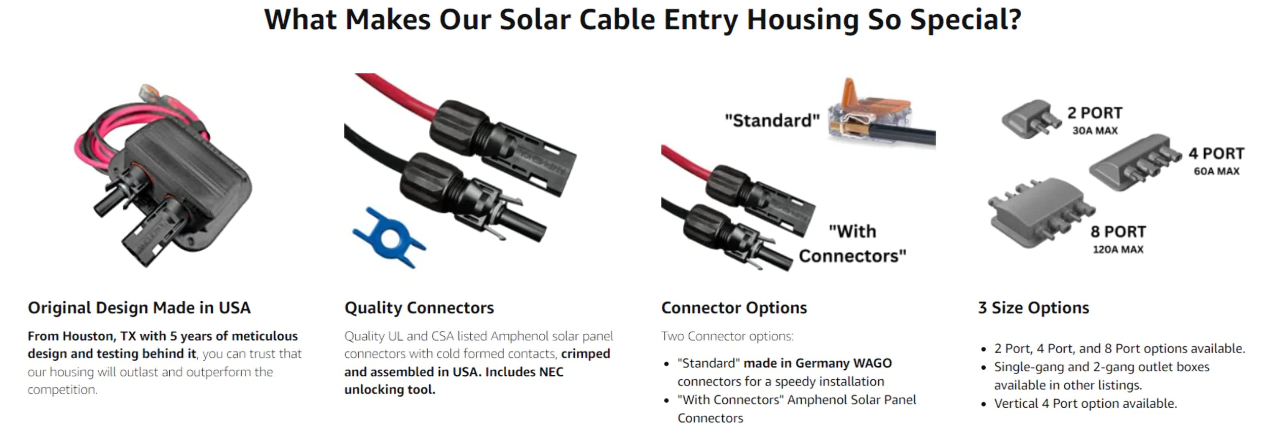 Solar Panel Weatherproof Cable Wire Entry Housing, 5th Gen, Made in USA with Connectors 2 Ports 2 Ft