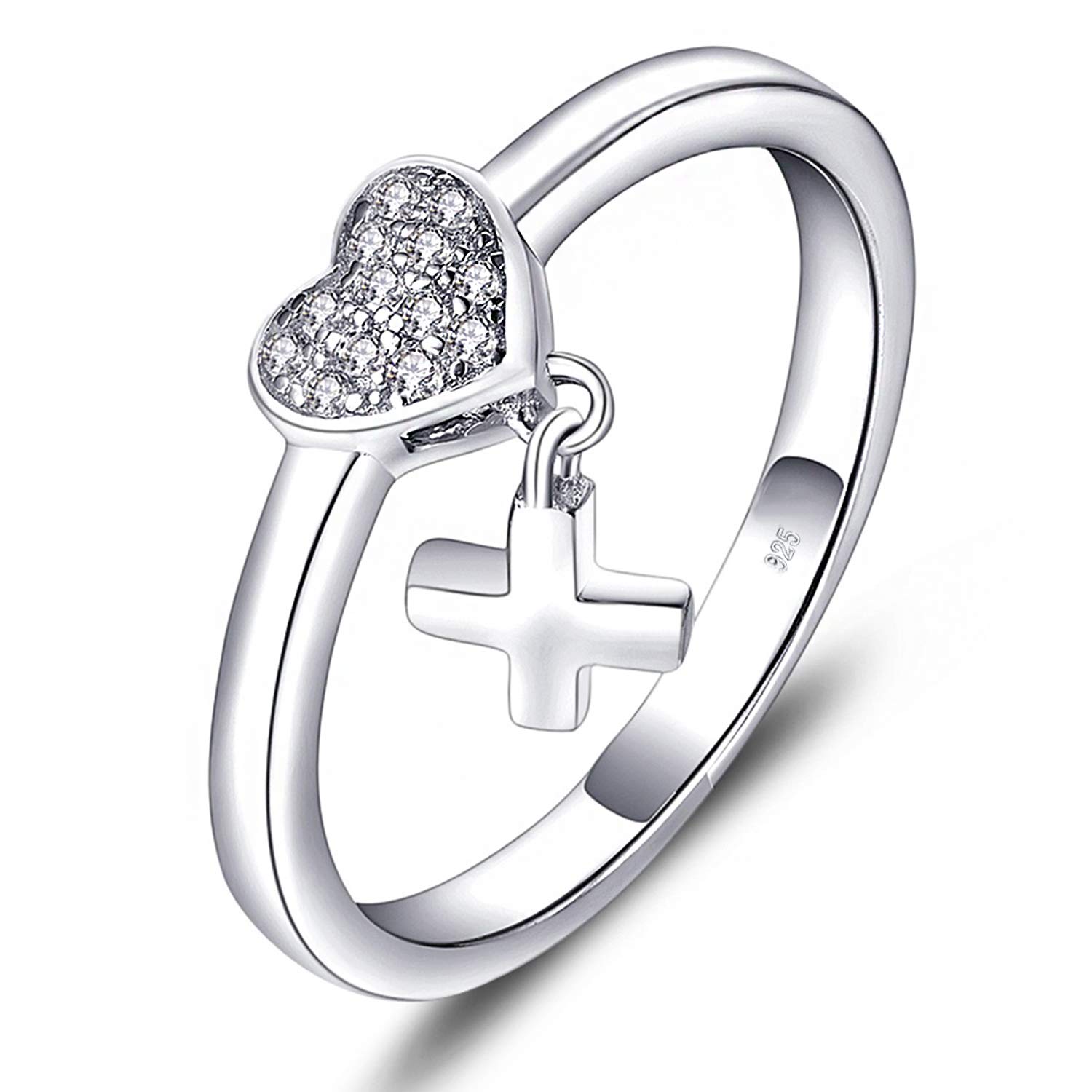 STARCHENIE Cross Ring Sterling Silver Rings for Women Cubic Zirconia Love Heart Hanging Cross Ring