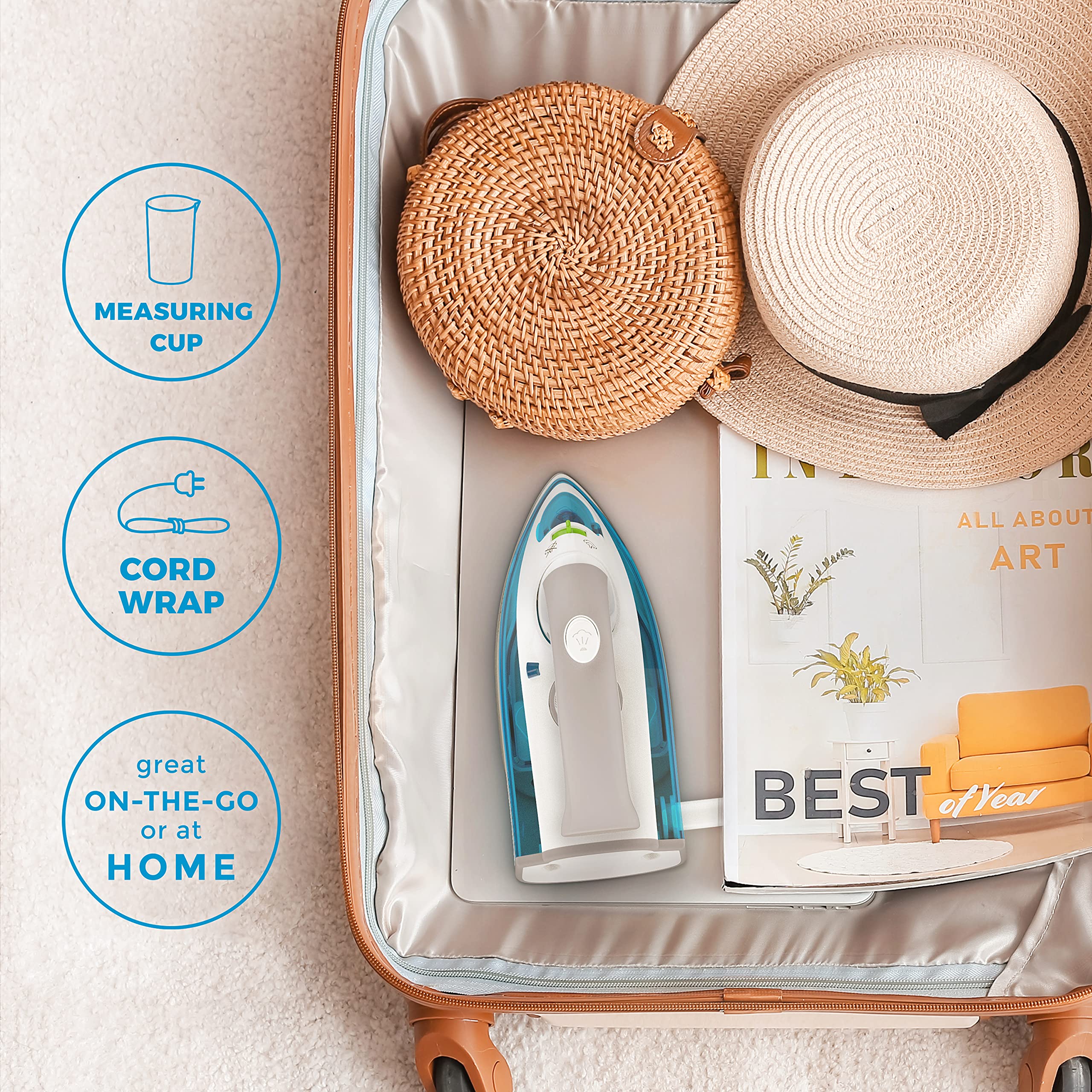 Steamfast SF-710 Mini Steam Iron, Non-Stick Sole Plate, Foldable Handle, Cord Storage, White