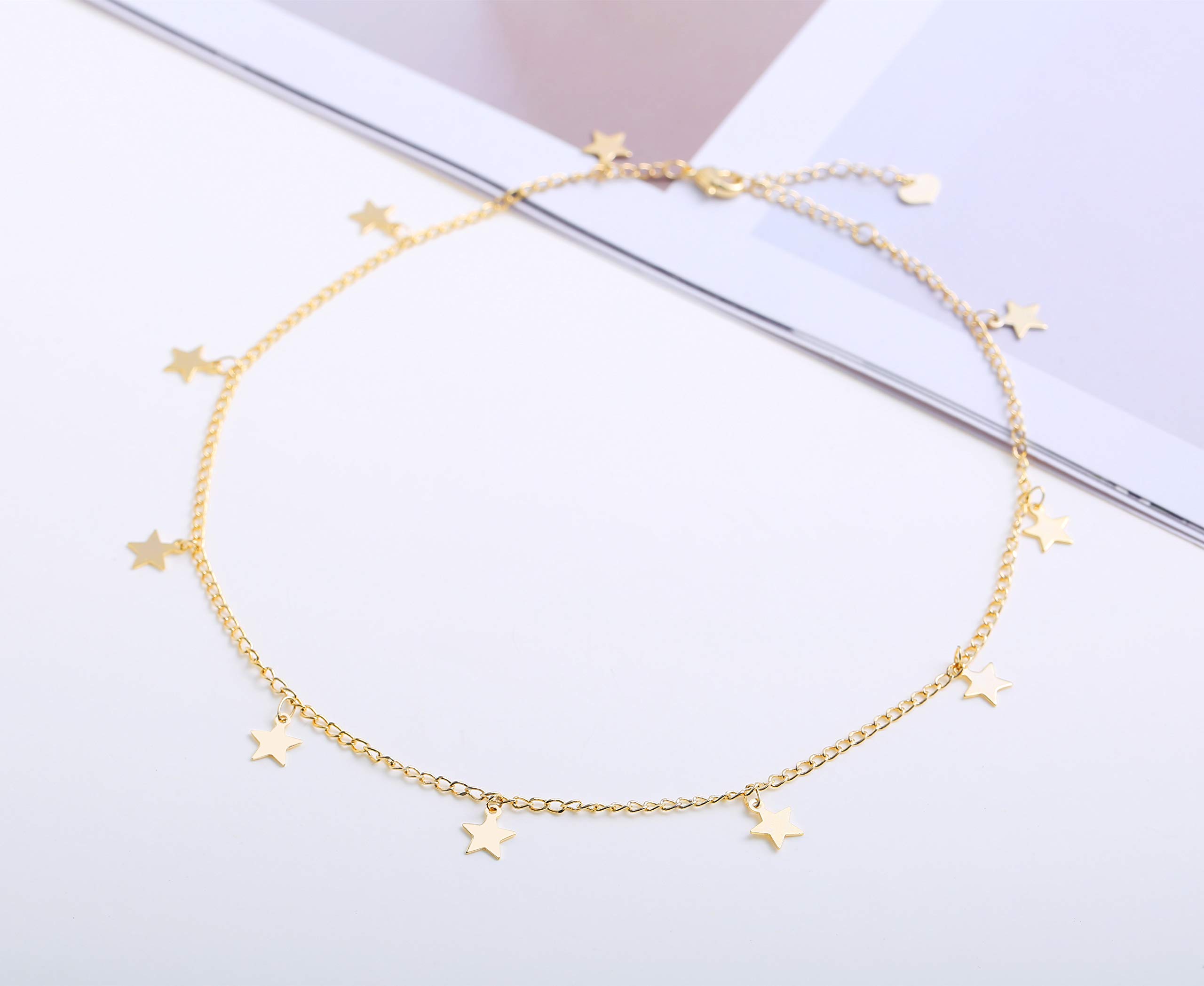 S.J JEWELRY Women Simple Delicate Full Moon 14K Gold Plated/Rose Gold/Silver Plated Layered Pendant Handmade Star Chokers Necklaces CK-Star