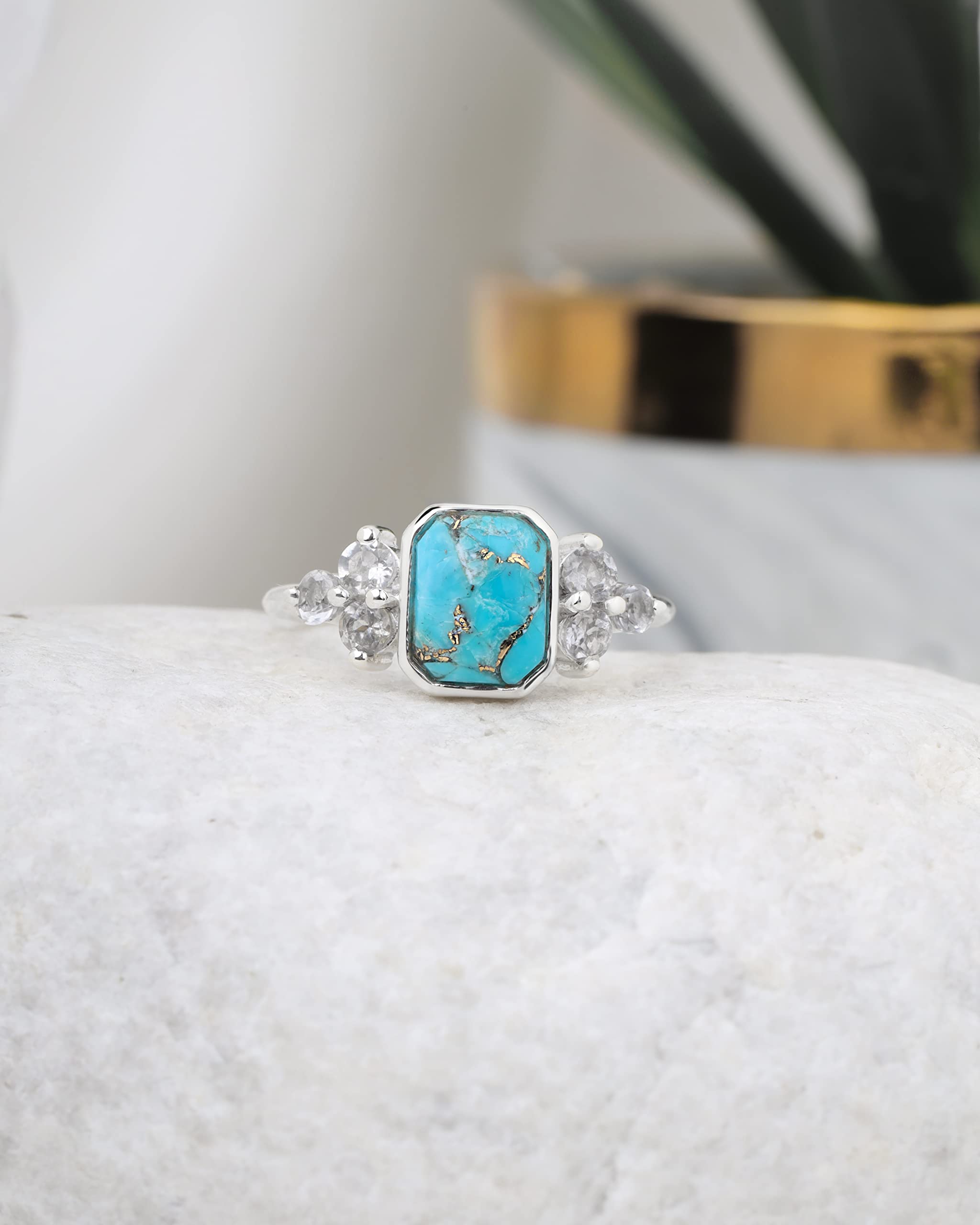 YoTreasure Blue Copper Turquoise White Topaz Solid 925 Sterling Silver Promise Ring (8)