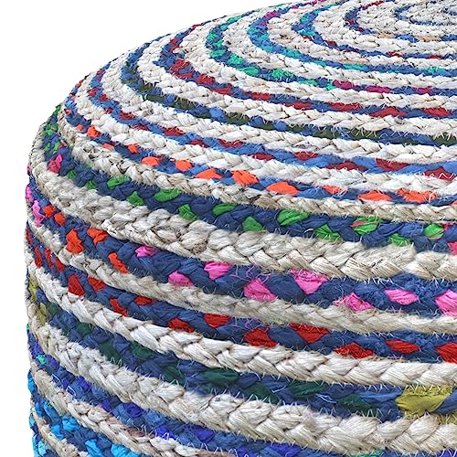 SIMPLIHOME Margo 20 Inch Wide Boho Round Pouf in Blue Braided Jute, for The Living Room, Bedroom and Kids Room