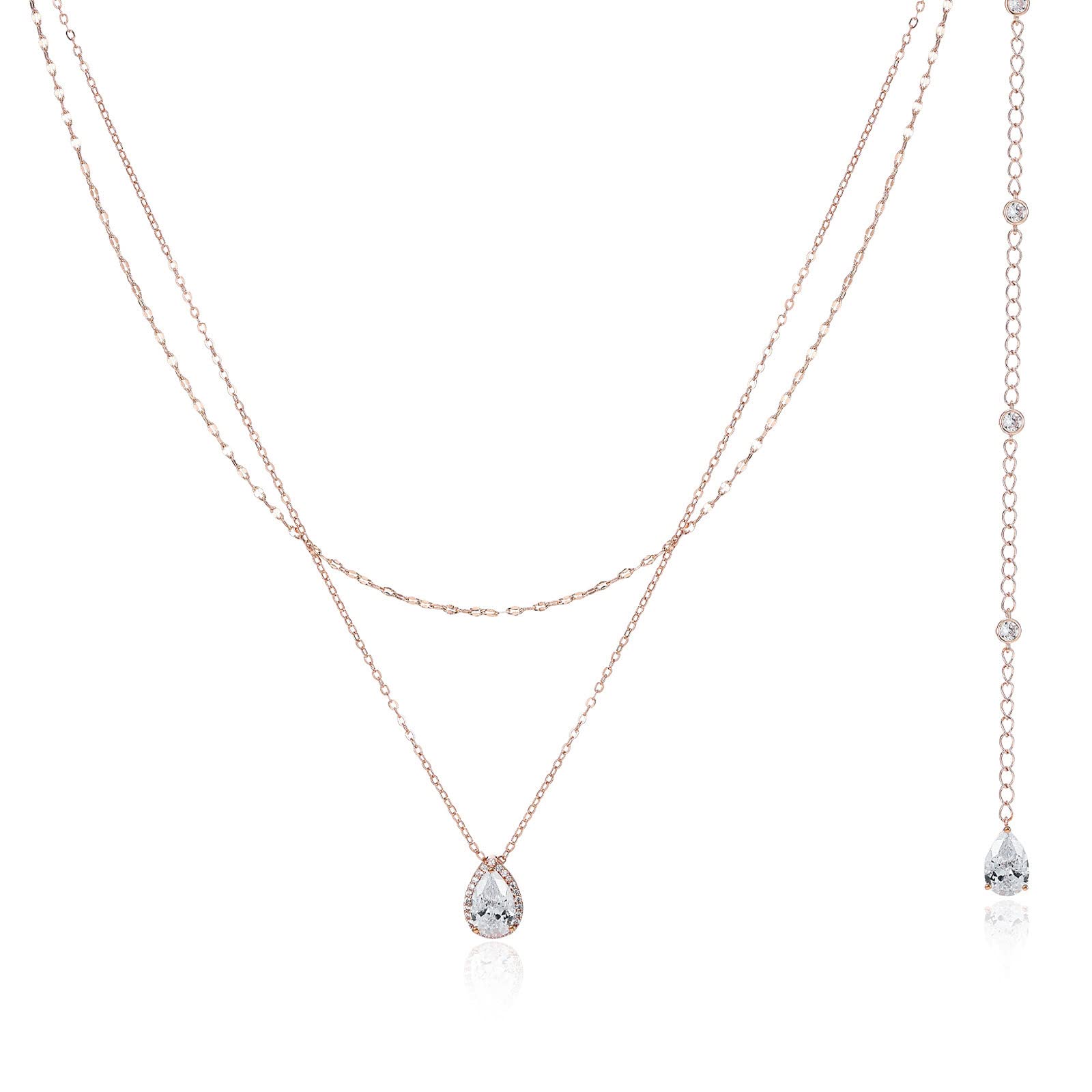 SWEETV Teardrop Wedding Back Necklace for Bride Bridesmaids, Rose Gold Cubic Zirconia Simple Back Pendant Bridal Necklace for Wedding Party
