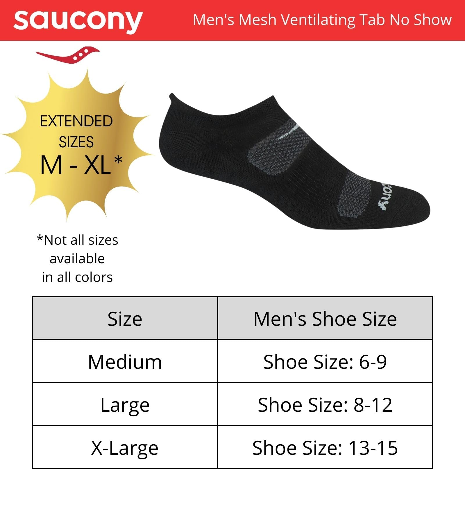 Saucony Men's Mesh Ventilating Comfort Fit Performance Tab Socks, 6/12, M-XL, Black (6 Pairs), Large