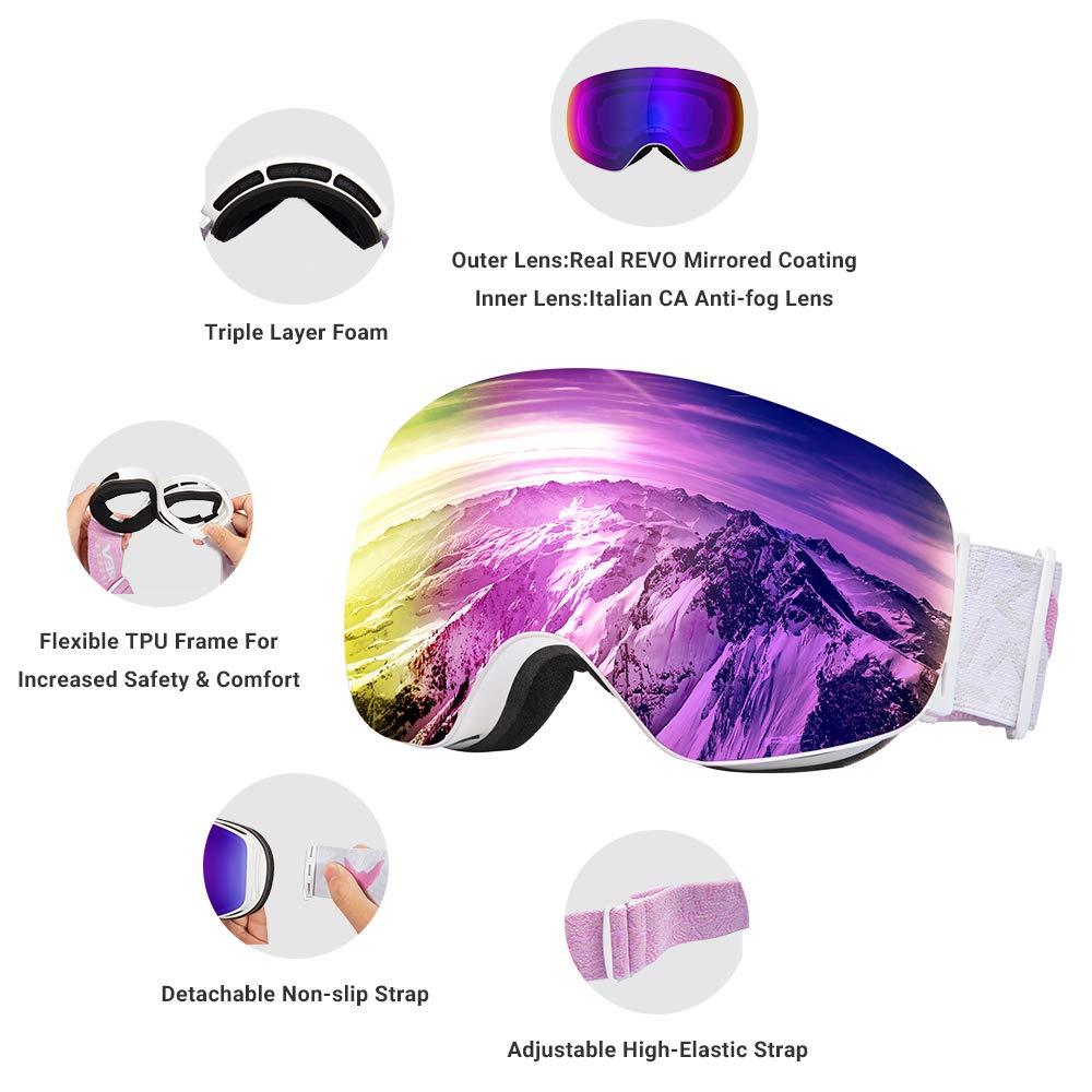 REV SPORTS Ski Goggles Ski Glasses Snowboard Goggles UV Protection OTG Interchangeable Snowboard Googles for Men Women