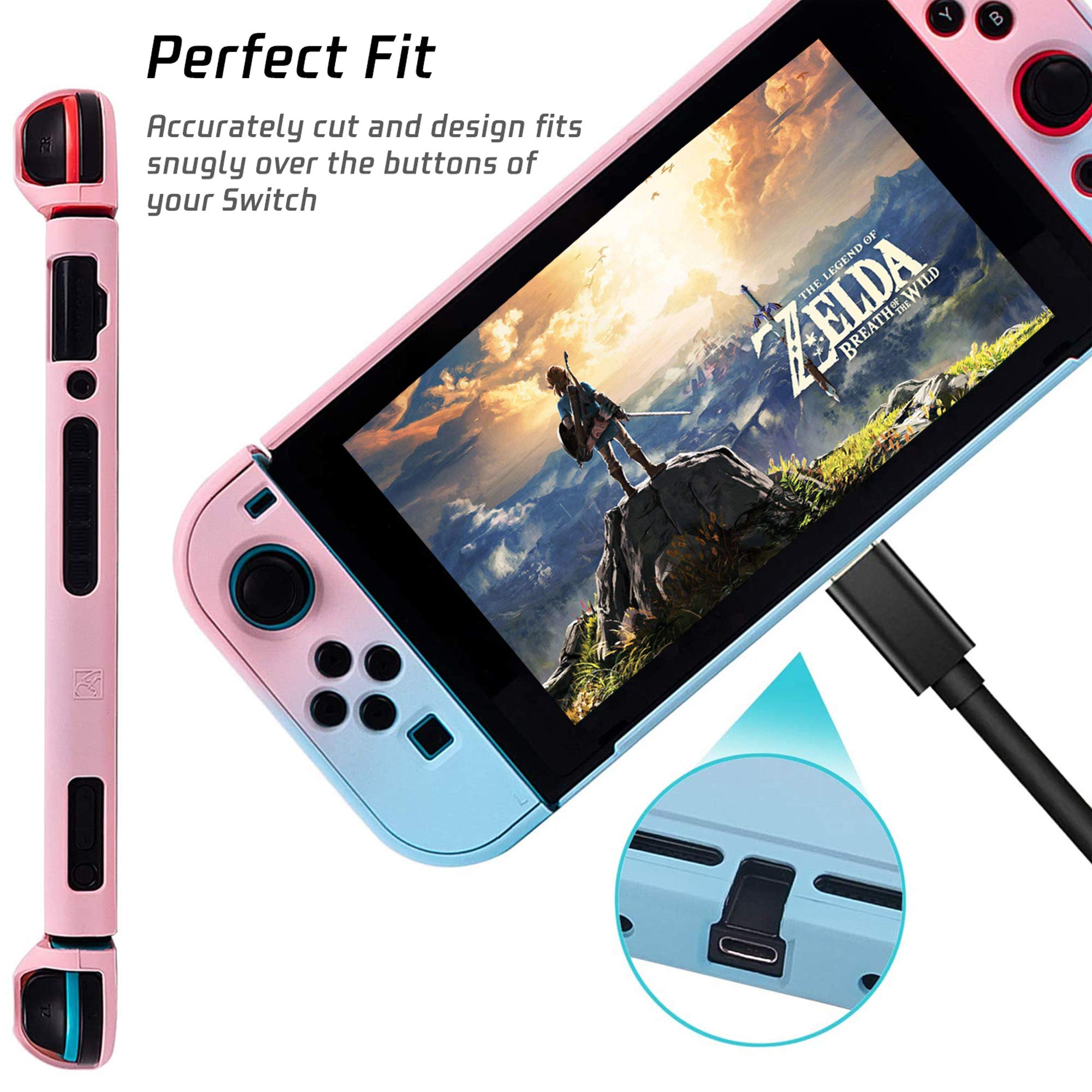 Upgraded Dockable Case for Nintendo Switch, FANPL Protective Case Cover for Nintendo Switch and Joy Con Controller with 2 Cat Paw Thumb Grips (Pastel Pink & Blue)