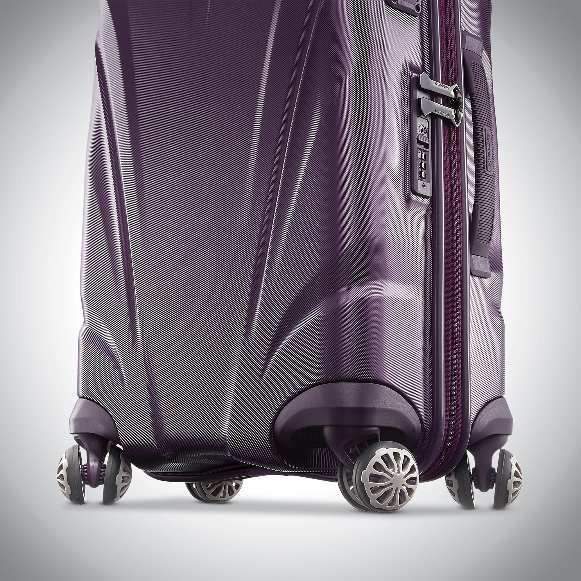 Samsonite Xcalibur XBT Spinner Hard Side Wheeled Carry On Travel Suitcase with USB Charging Port, Packing Cubes, and Adjustable Handle, Purple