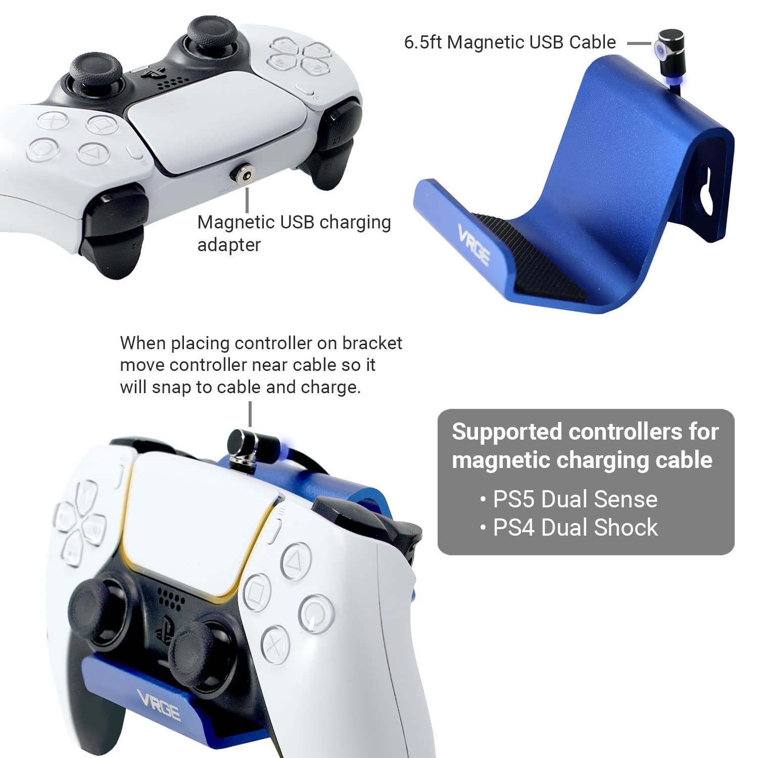 VRGE - Magnetic Game Controller Wall Mount - Premium Anodized Aluminum USB Charging Station Stand and Charger Cable Cord Holder Mount For Sony PlayStation 5 4 Xbox Headphones - Blue Anodized