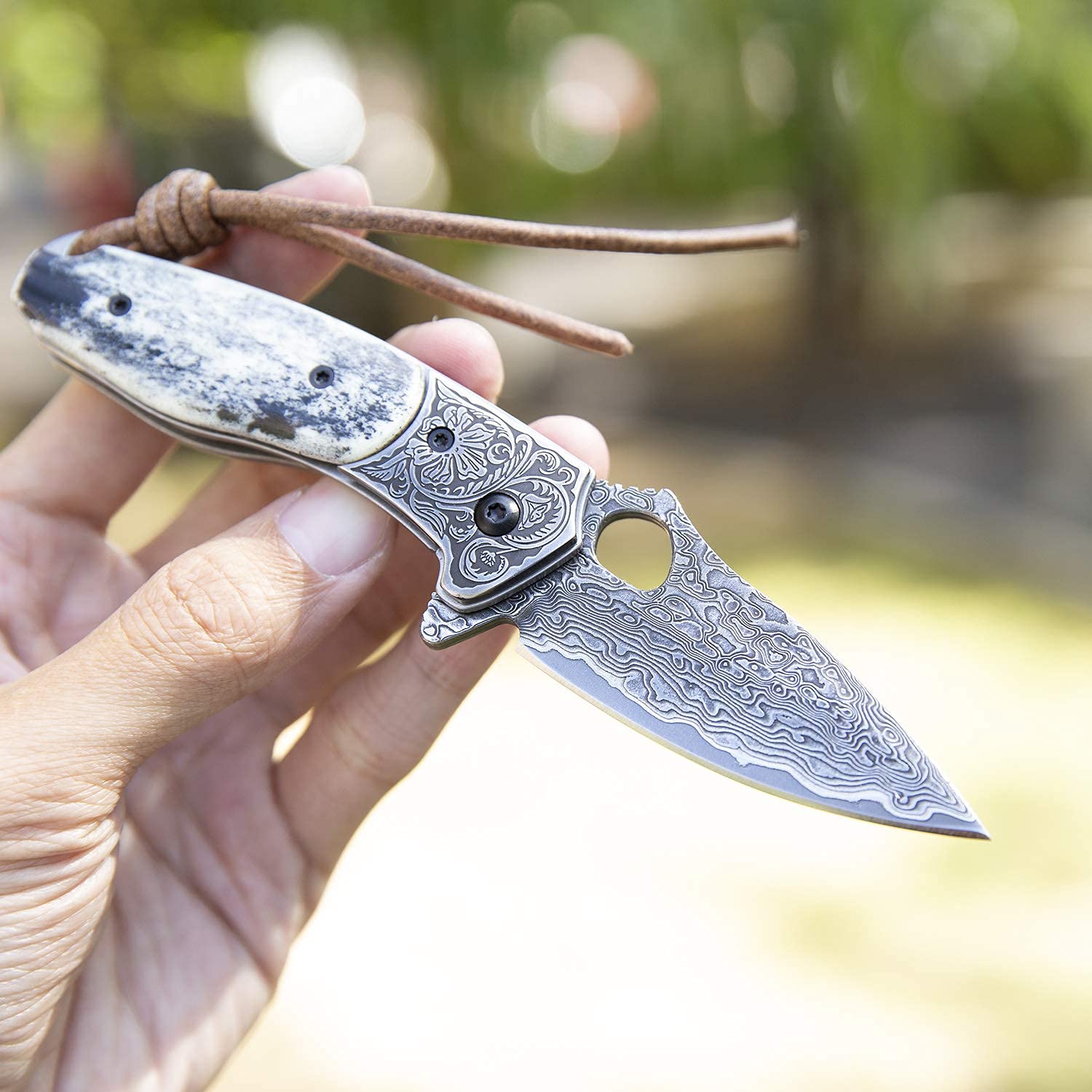 SPIRIT DEED EDC Pocket Knife for Men,2.5in Japanese Handmade VG0 Damascus Steel,Bone Handle,Liner Lock,Leather Sheath,Folding Knives for Camping and Hunting