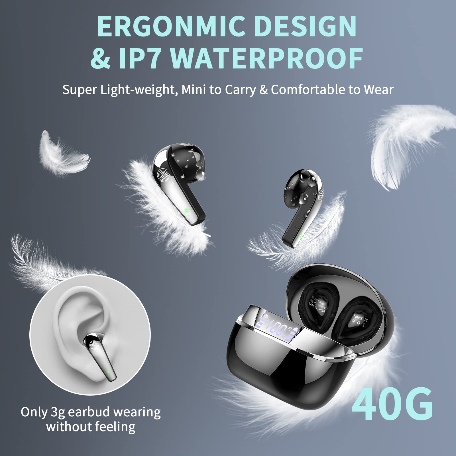 Wireless Earbud, Bluetooth 5.2 Headphones Mini Bluetooth Earbud with HD Mic, 35H Deep Bass Wireless Earphones in Ear Noise Cancelling Ear Buds with LED Display, IP7 Waterproof/Touch Control[2022 New]
