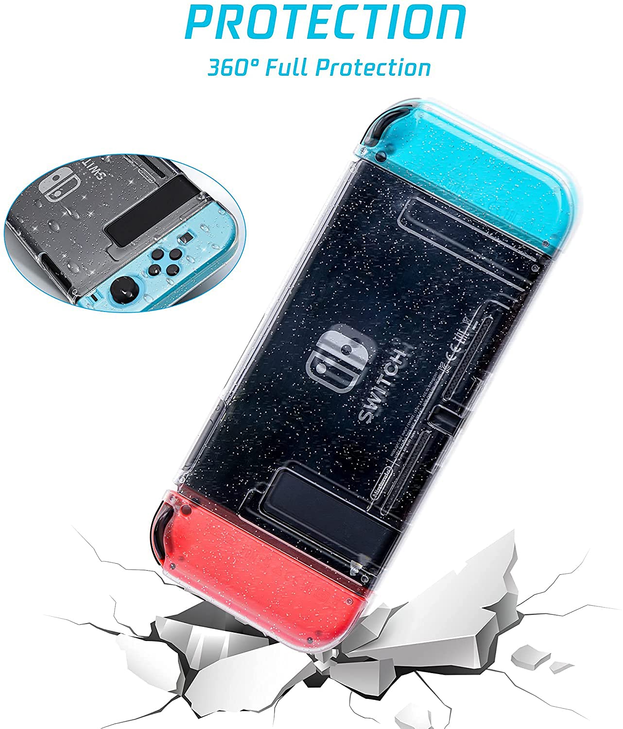 Switch Case for Nintendo Switch, Glitter Dockable Case for Switch Hard Shell Skin Protective Cover with 4 Pcs Thumb Caps Switch NS Games Protector -Crystal
