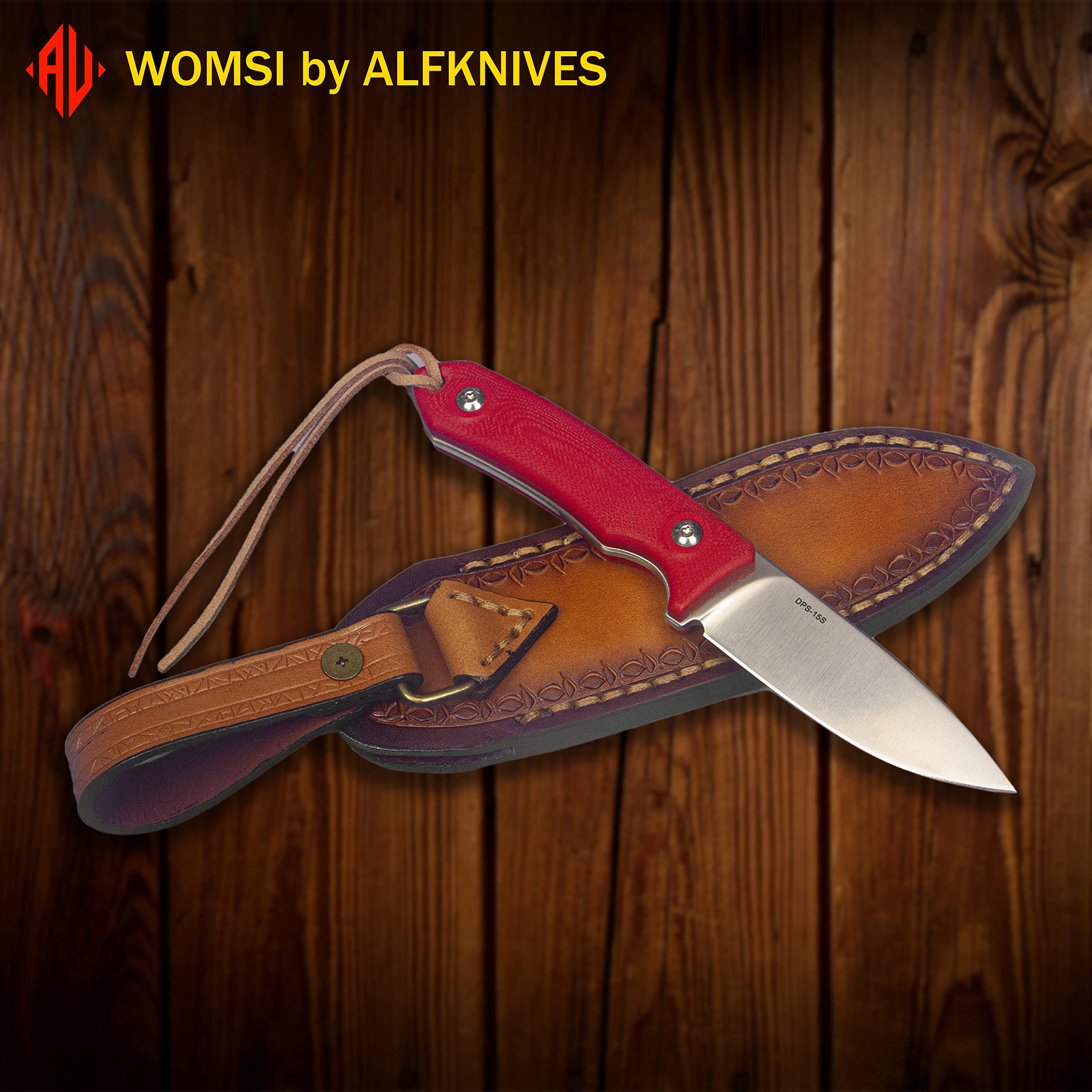 WOMSI Hunting Knife,Full Tang 6.57",DPS15-S Power Steel Blade,Sonorous&durable G10 Handle with Leather Sheath(Red)