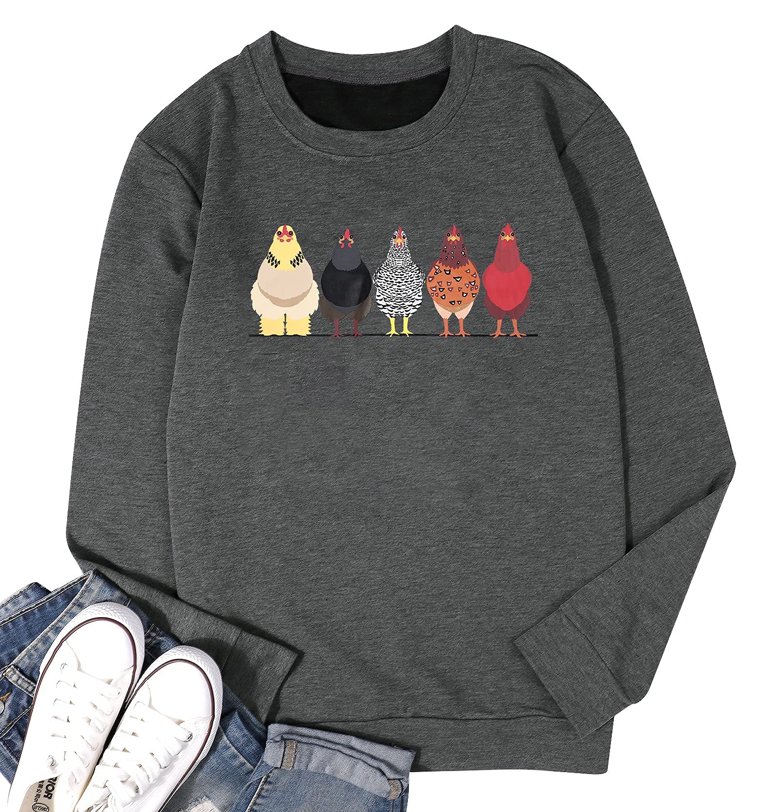 VILOVE Cute Sweatshirts for Women Chicken Graphic Long Sleeve Crew Neck Pullover Casual Fall Tops Shirts Green
