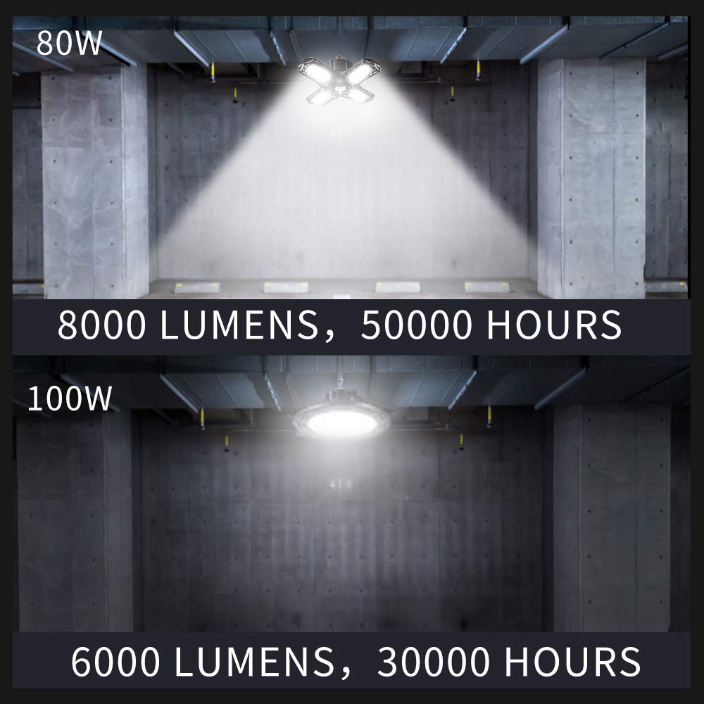 Smiling Shark 120W LED Garage Light-Super Bright 4000LM Four-Leaf transformable LED Garage Ceiling Light with 4 Adjustable Multi-Position Garage Panels led Garage Ceiling Lights