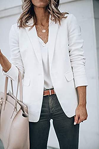 Pfvkeree Women's Casual Open Front Blazers Office Work Long Sleeve Jackets Blazer with Pockets White