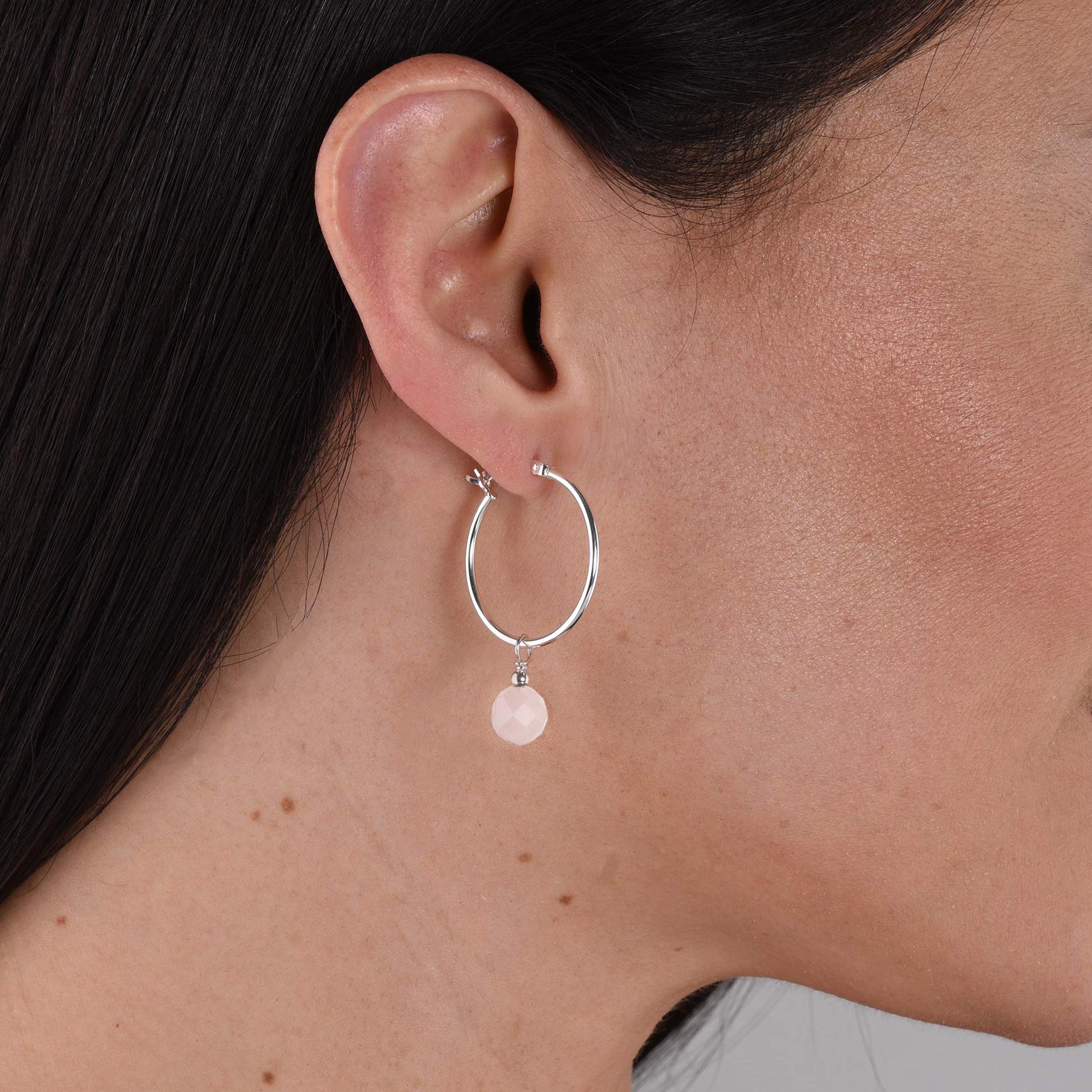 Sterling Silver Pink Rose Quartz and Red Garnet Gemstone Bead Drops on Hoop Earrings