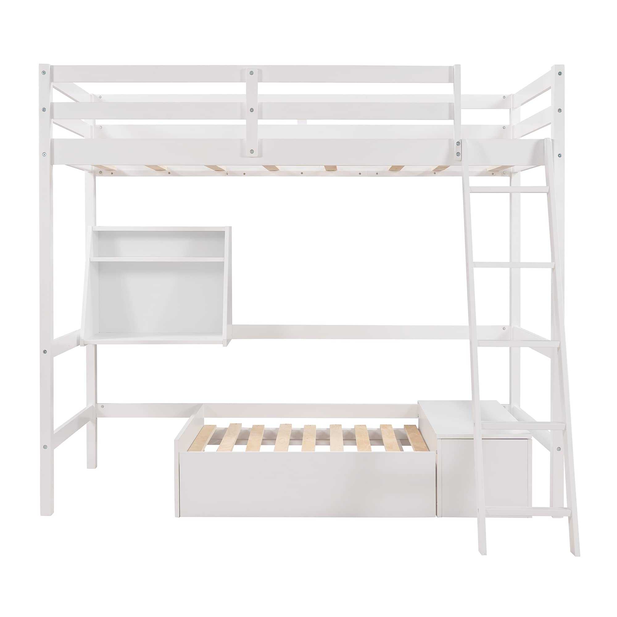 Twin Loft Bed with Storage Shelf Wood Loft Bed Frame with Convertible Lower Bed, Twin Size Loft Bed with Drawer and Ladder, Separated Loft Bed & Twin Platform Bed for Kids Teens Adults (White)