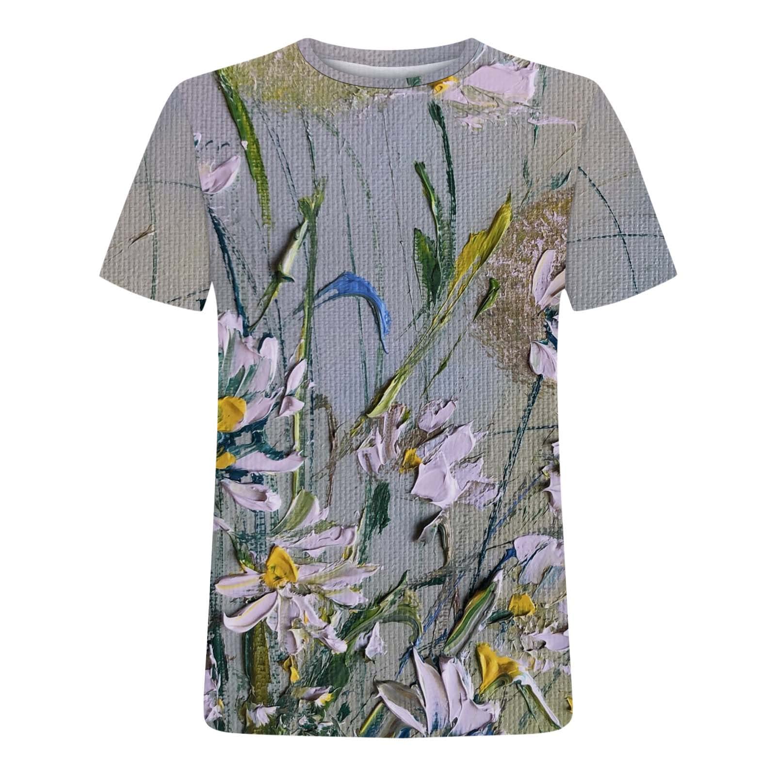 Womens Tops and Blouses Womens Summer Casual Printed Short Sleeve Crew Neck Shirt Loose Casual T Shirt Grey