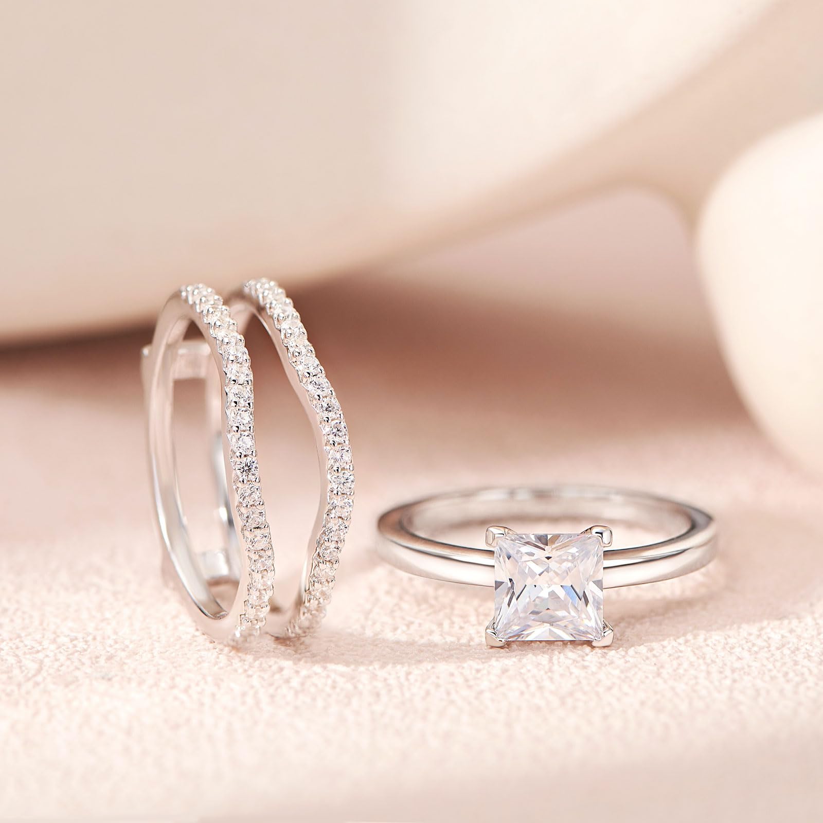 SHELOVES Solitaire Princess CZ Engagement Rings Set Wedding Band Guard Ring Enhancers Sterling Silver Sz 7