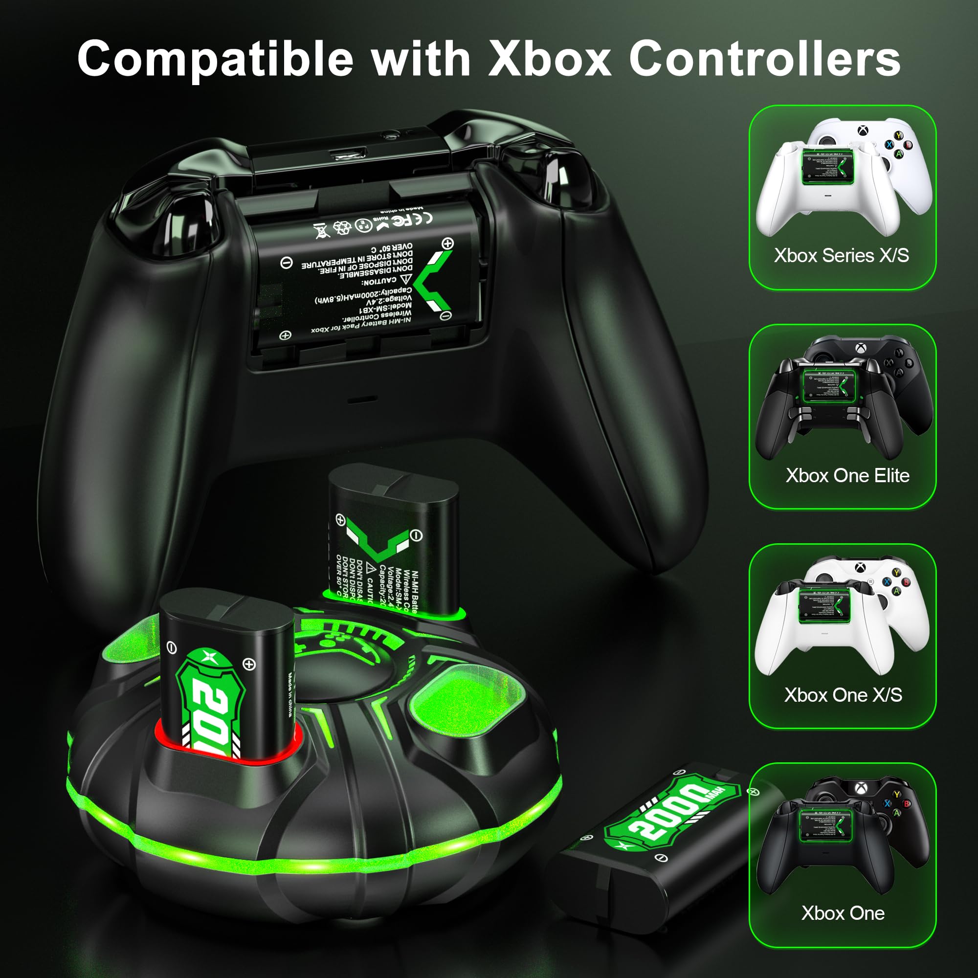 Rechargeable Battery Pack for Xbox Controller, （4x4800mWh)4x2000mAh Rechargeable Batteries for Xbox Controller Charger Station for Xbox One/Xbox Series X|S/Xbox One S|X/Xbox One Elite Controllers