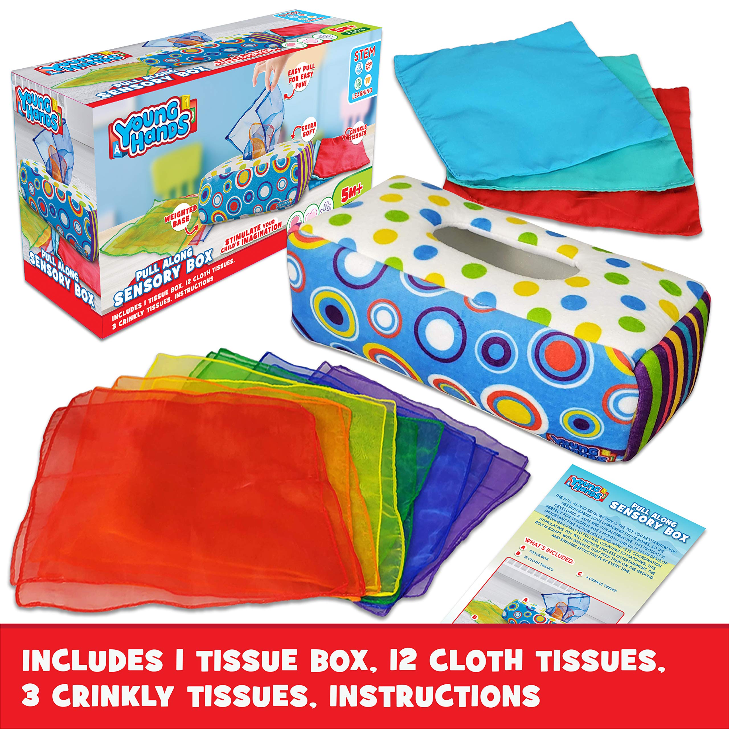 Sensory Pull Along Baby Tissue Box - Montessori Toy for Babies and Toddlers Tissue Box Learning Toys for 5 Months + STEM Educational Toys for Toddler Infant Babies (Large)